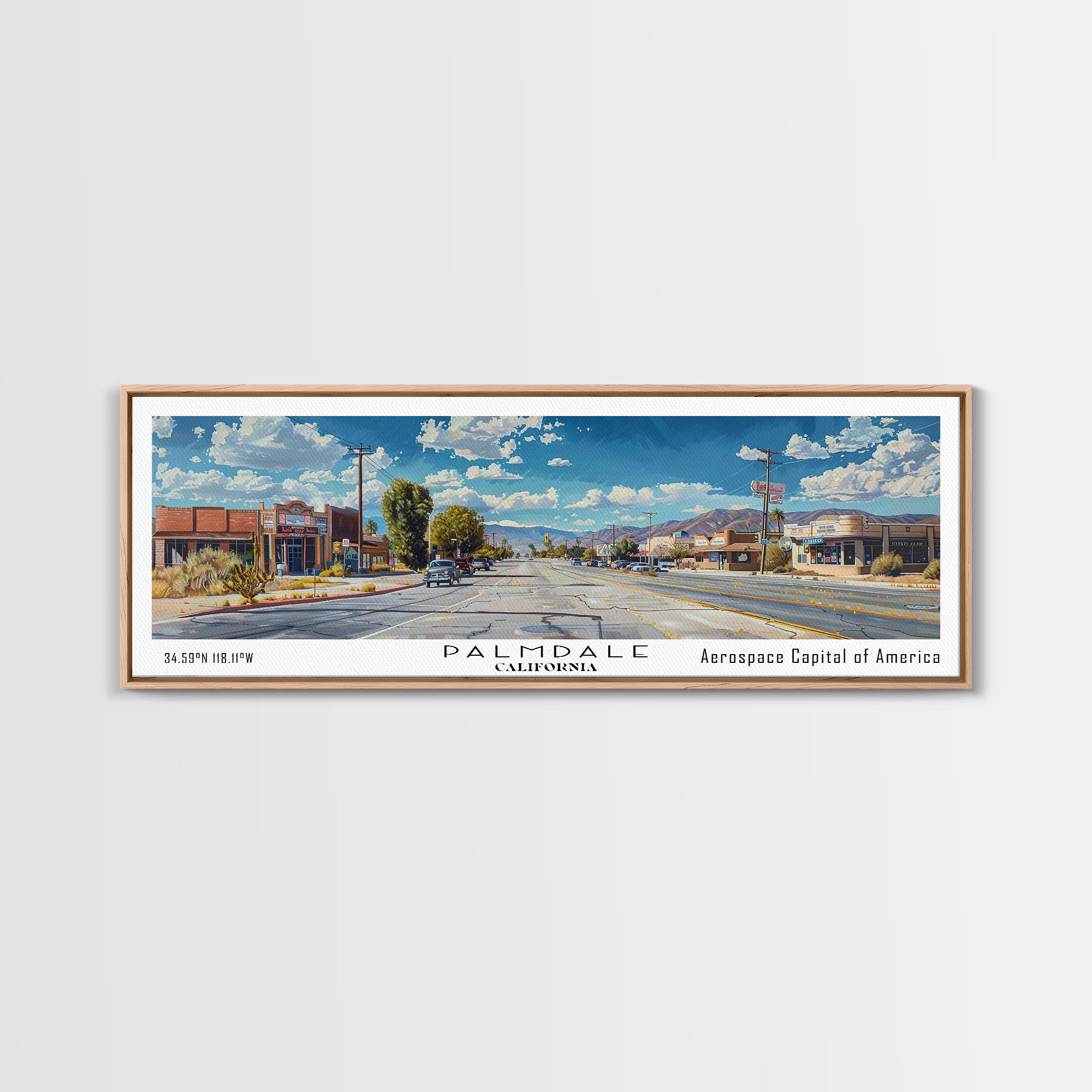 Palmdale California Panoramic Framed Canvas Print, Cityscape Watercolo – NuevArt