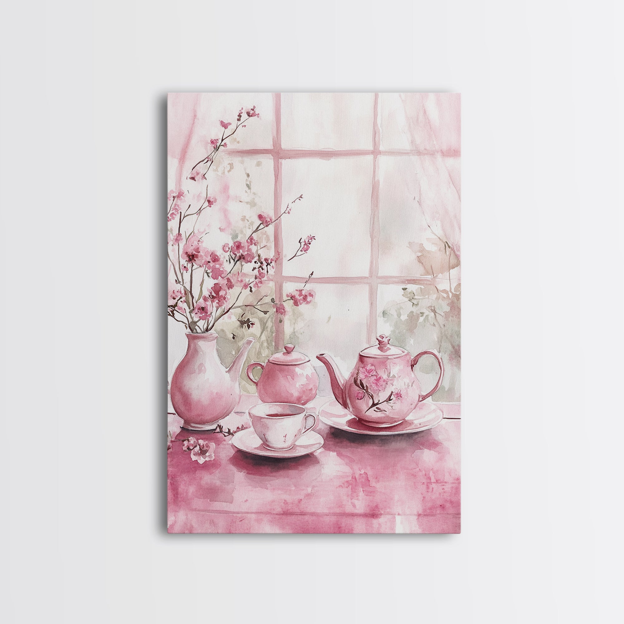 Cherry Blossom Tea Set Framed Canvas Print | Cozy Kitchen Art | Cottag ...