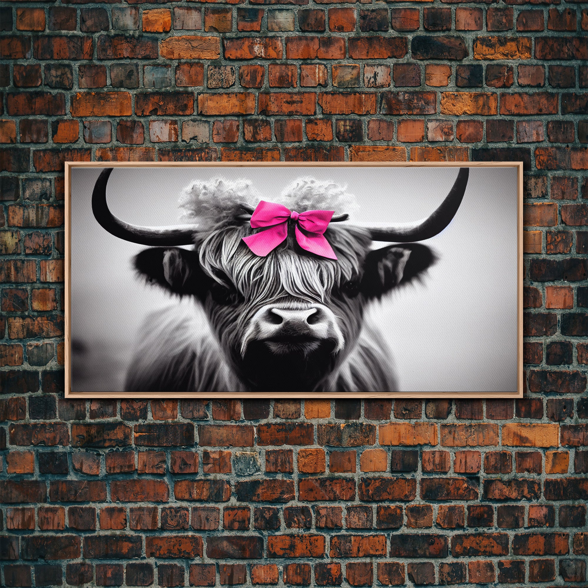 Cute Highland Cow wearing a Bow, Pink Bow on a Cute Cow, framed canvas ...
