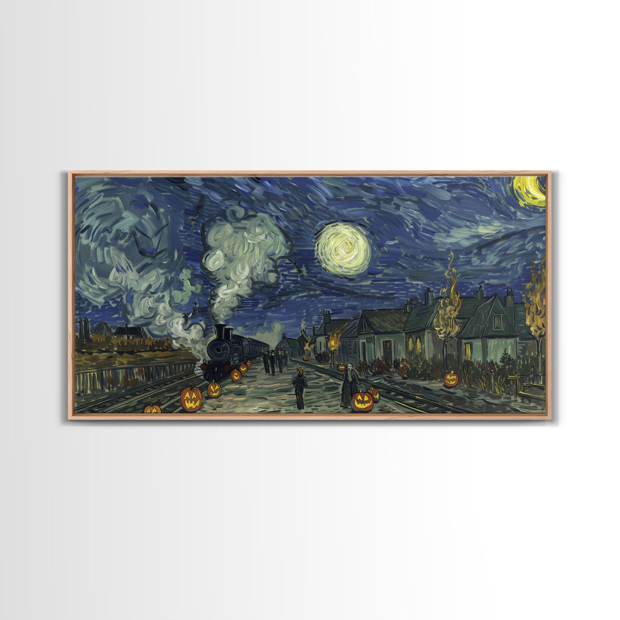 Starry Night Inspired Haunted Steam Train, Framed Canvas Print, Spooky ...