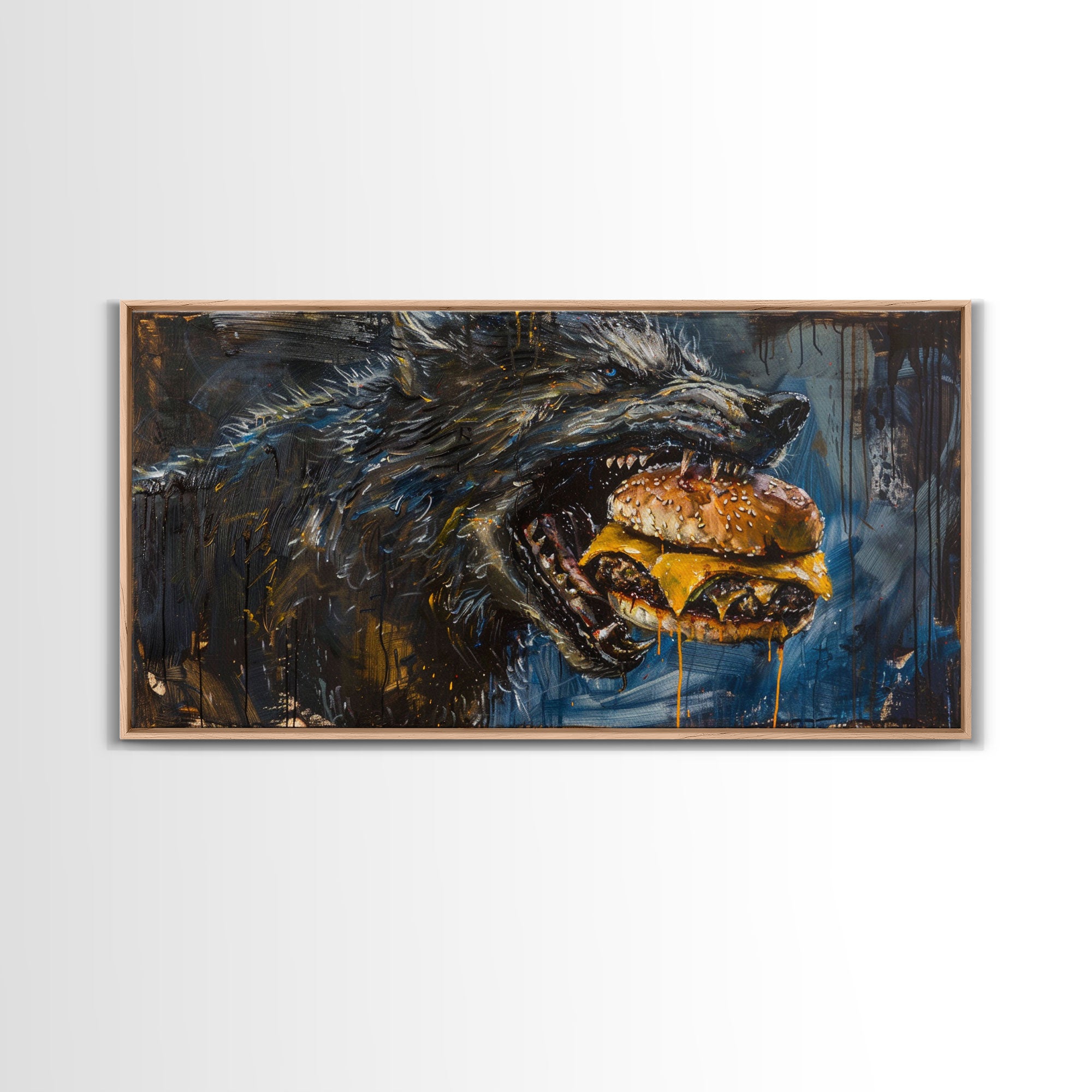 Big Ol Werewolf Having A Cheese Burger - Framed Canvas Print - Funny H ...