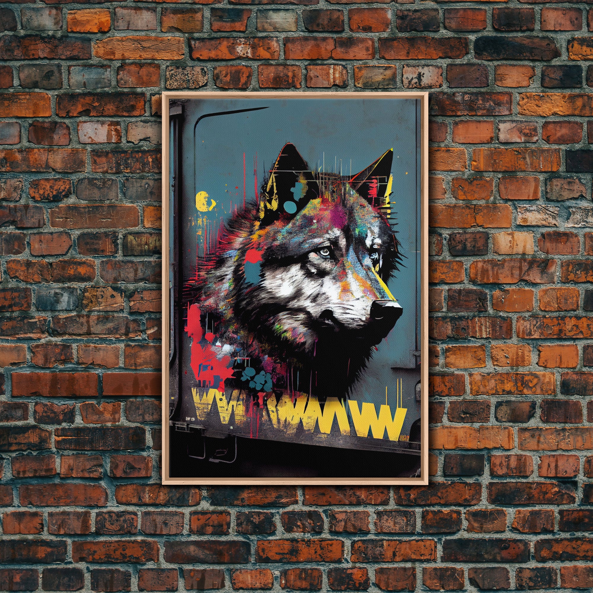 Wolf graffiti on a subway train car, framed canvas print, framed wall ...