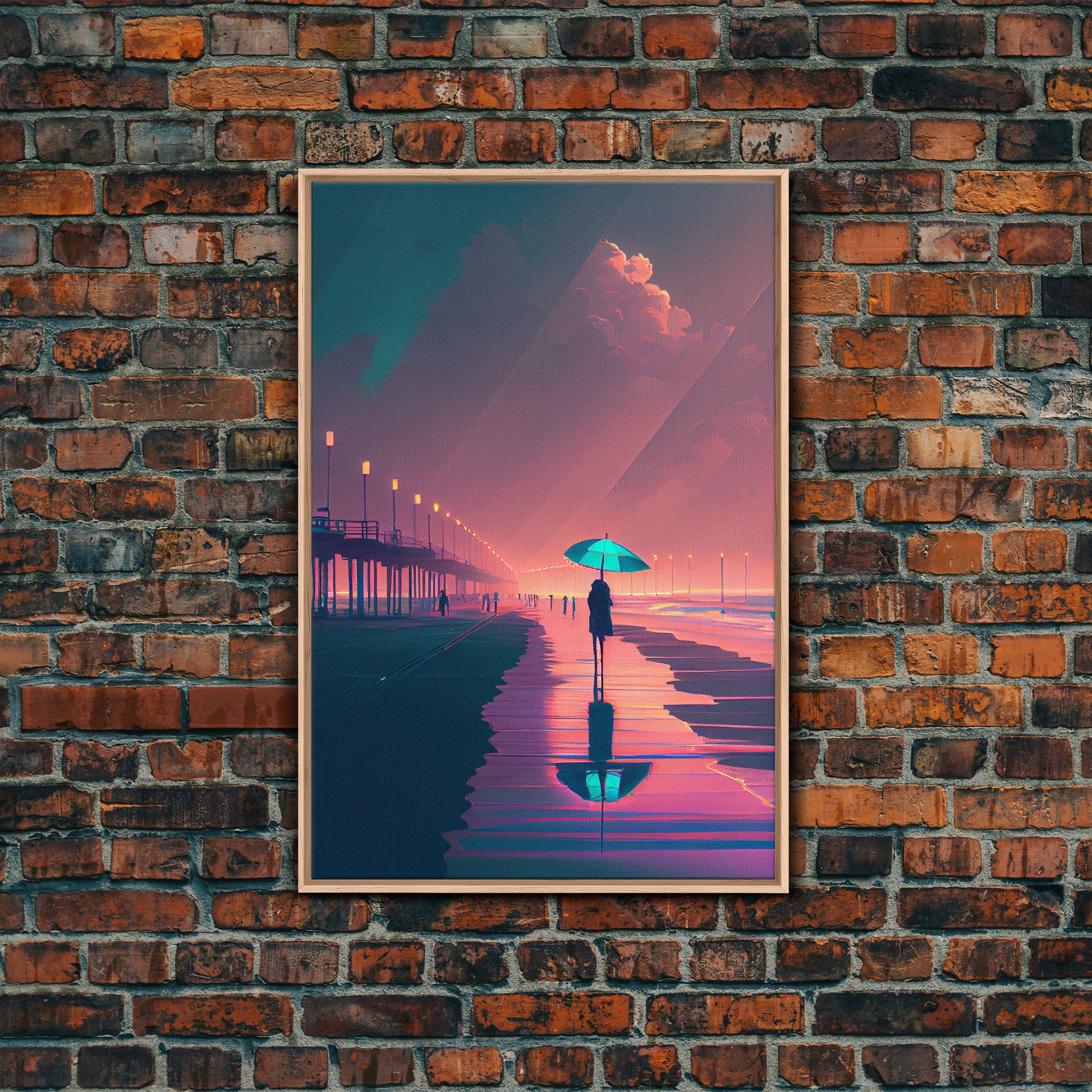 Synthwave Art, Neon / Pastel Beach Boardwalk, framed canvas print, vin ...