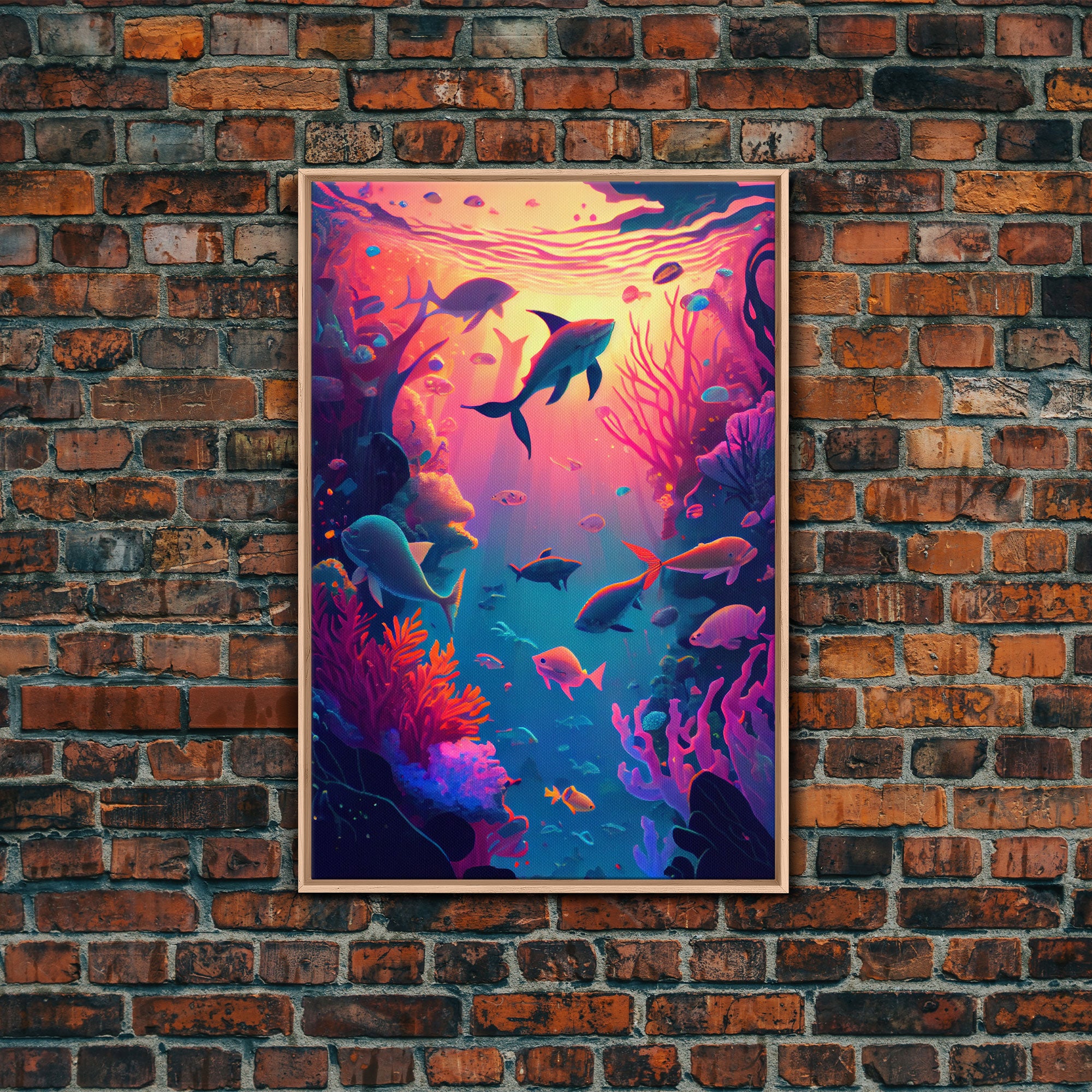 80s Vibe Under The Sea Coral Reef Art, framed canvas print, fish and r ...