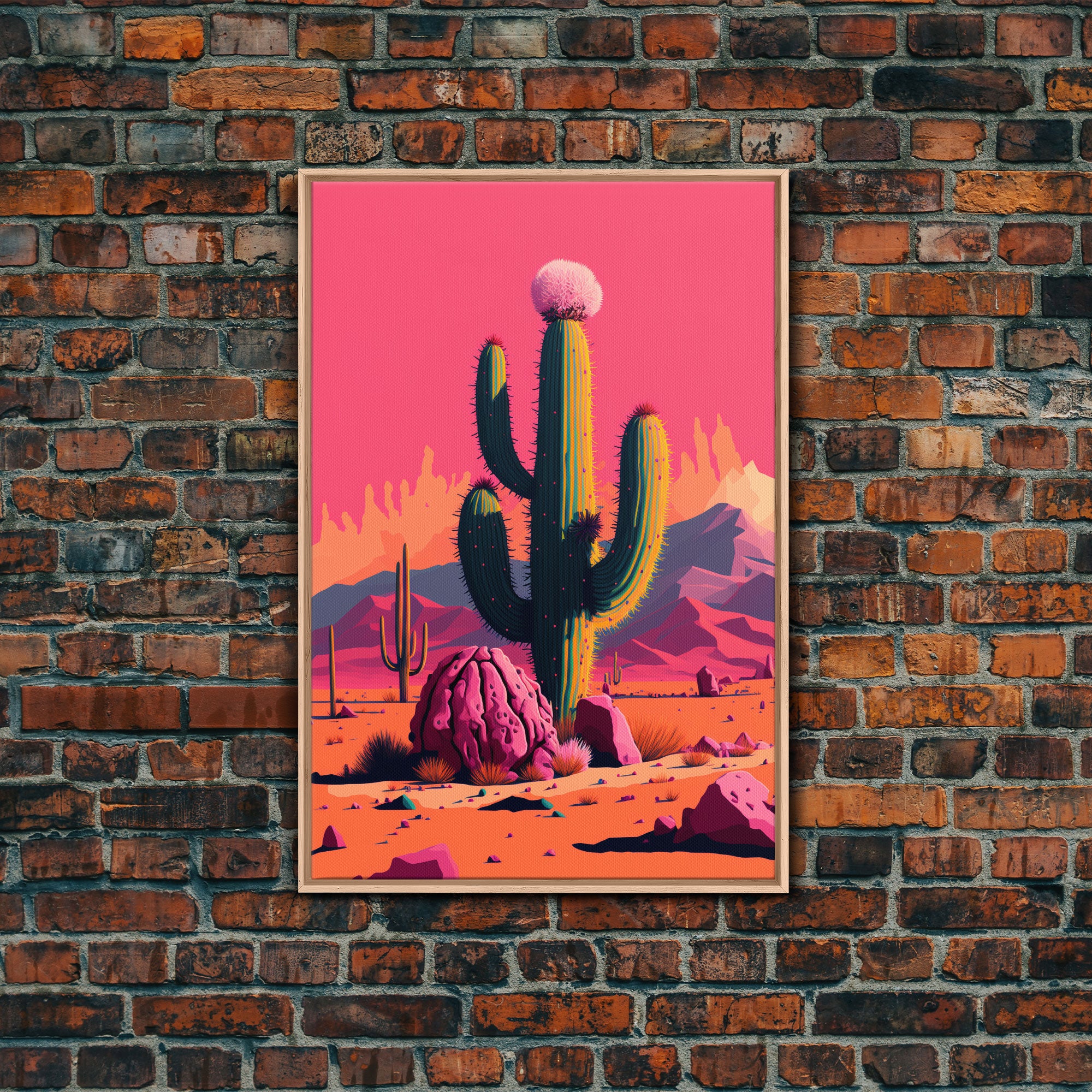 Mexico Cactus Art, Synthwave Pink Art, Framed Canvas Print, Southwest ...