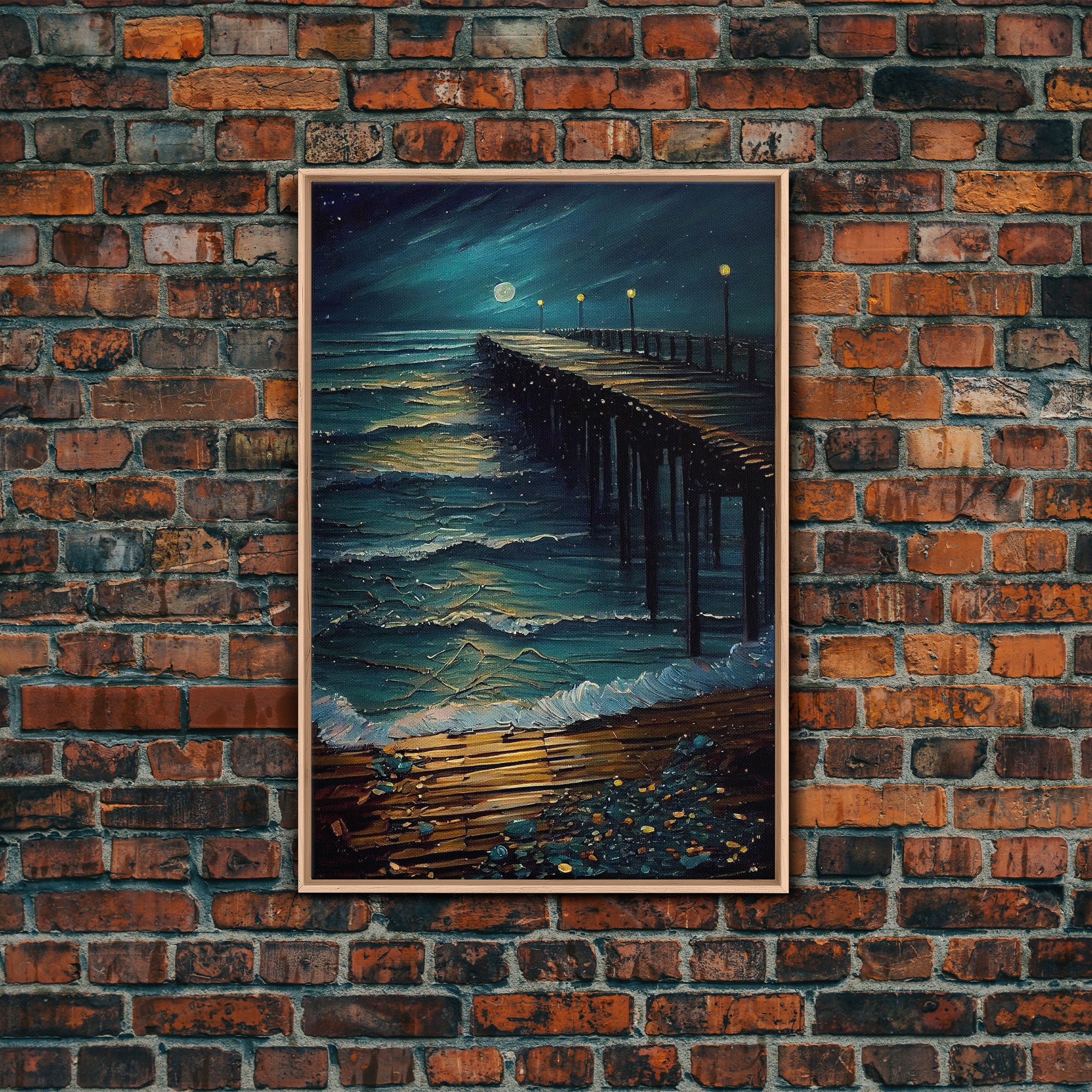 Van Gogh Starry Night Inspired, The Beach Boardwalk at Midnight, Frame ...
