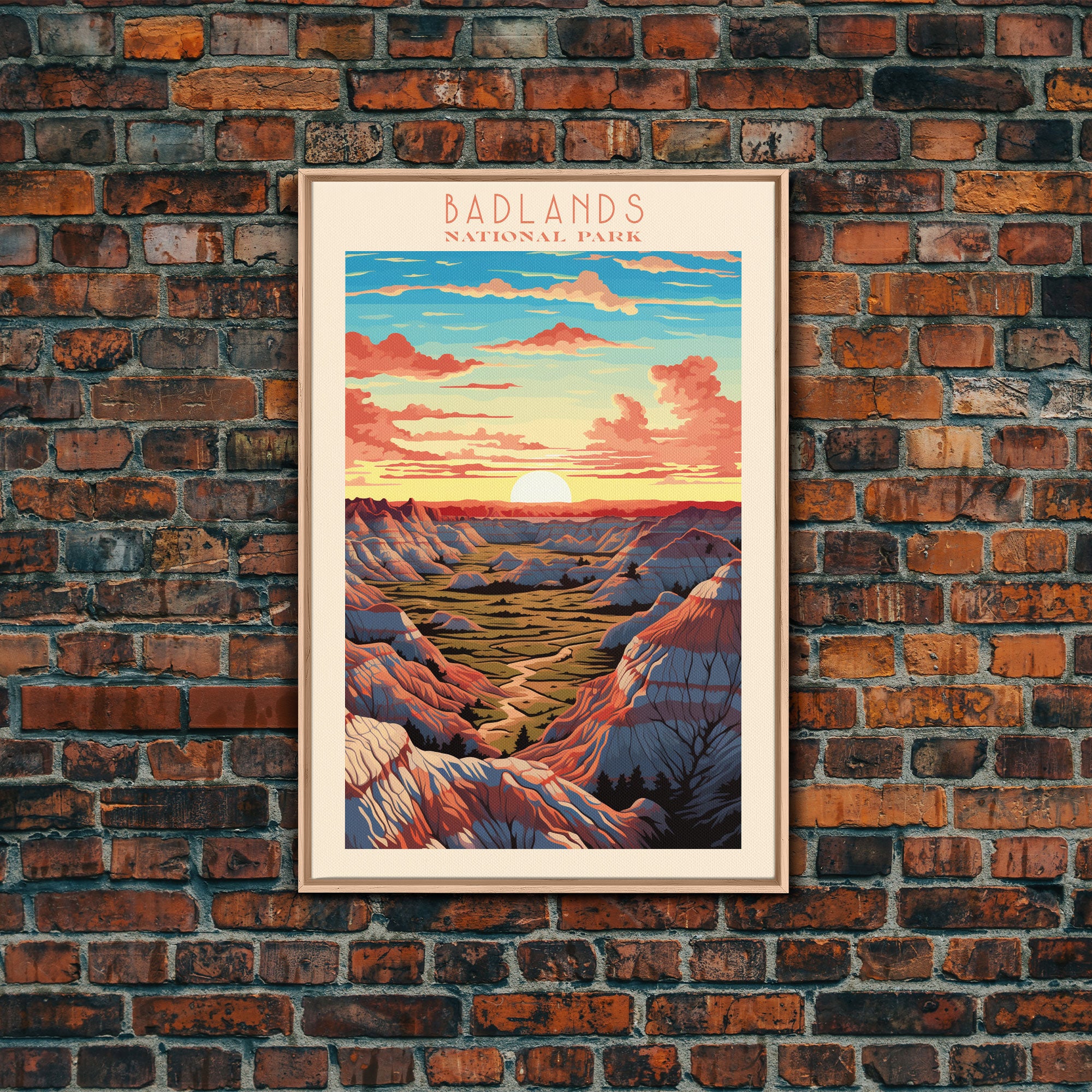 Badlands National Park, Framed Wall Art Canvas Print, Travel Poster, S ...
