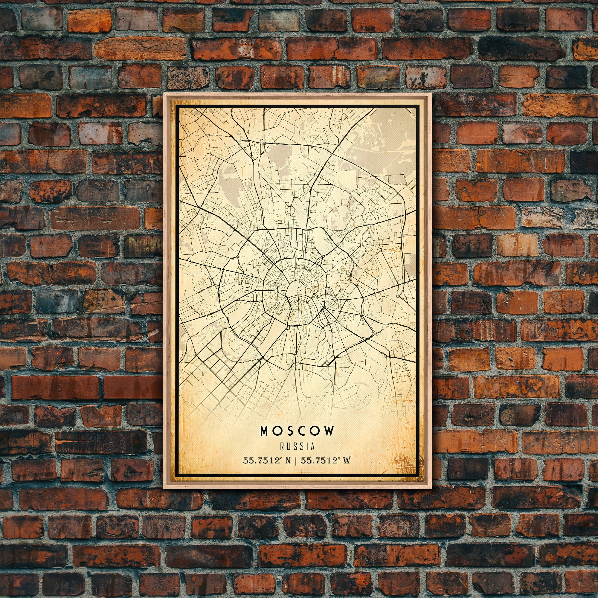 Vintage Style Moscow City Map Wall Art Canvas Print, Distressed Moscow ...