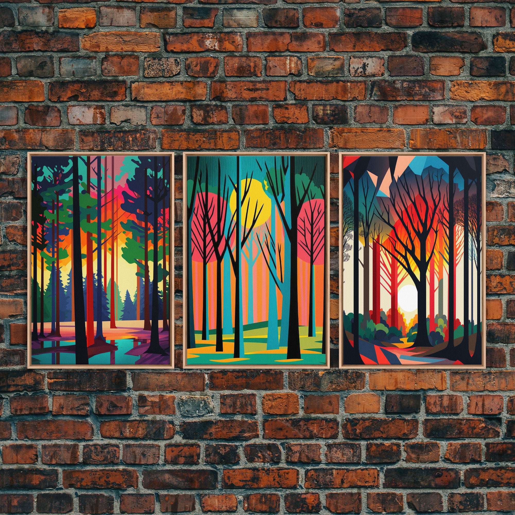 Retro Pine Tree Forest In The Fall, 3 Piece Canvas, 3 Panel Art, Frame ...