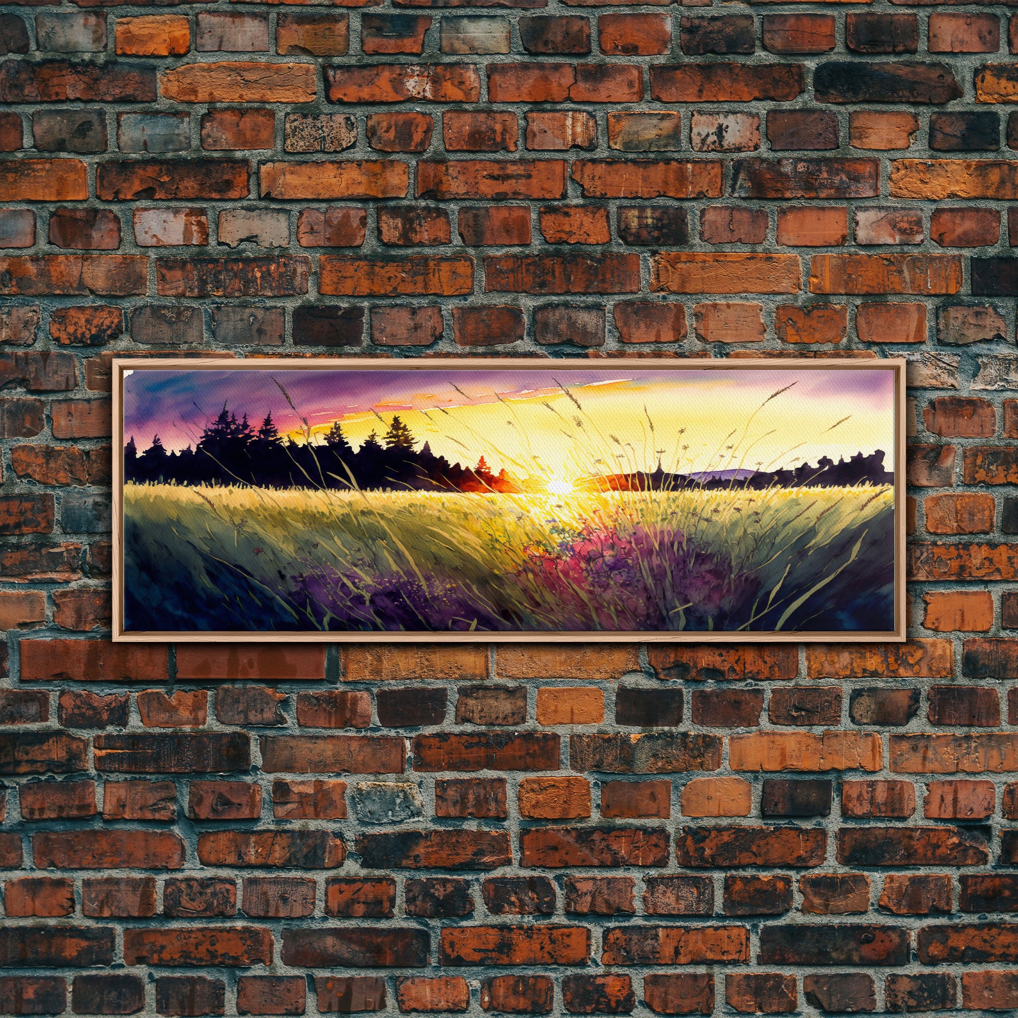 Framed Texas Prairie Sunset Canvas Print - Watercolor Landscape Wall A ...