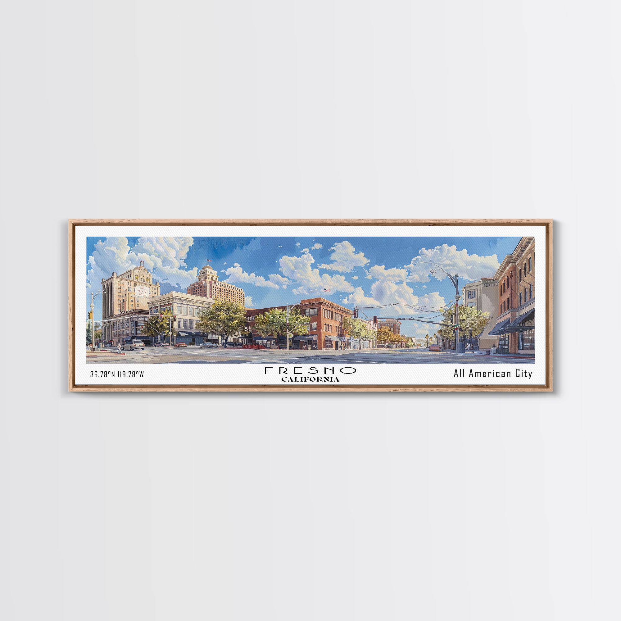 Fresno California Panoramic Watercolor Painting, Scenic Framed Canvas ...