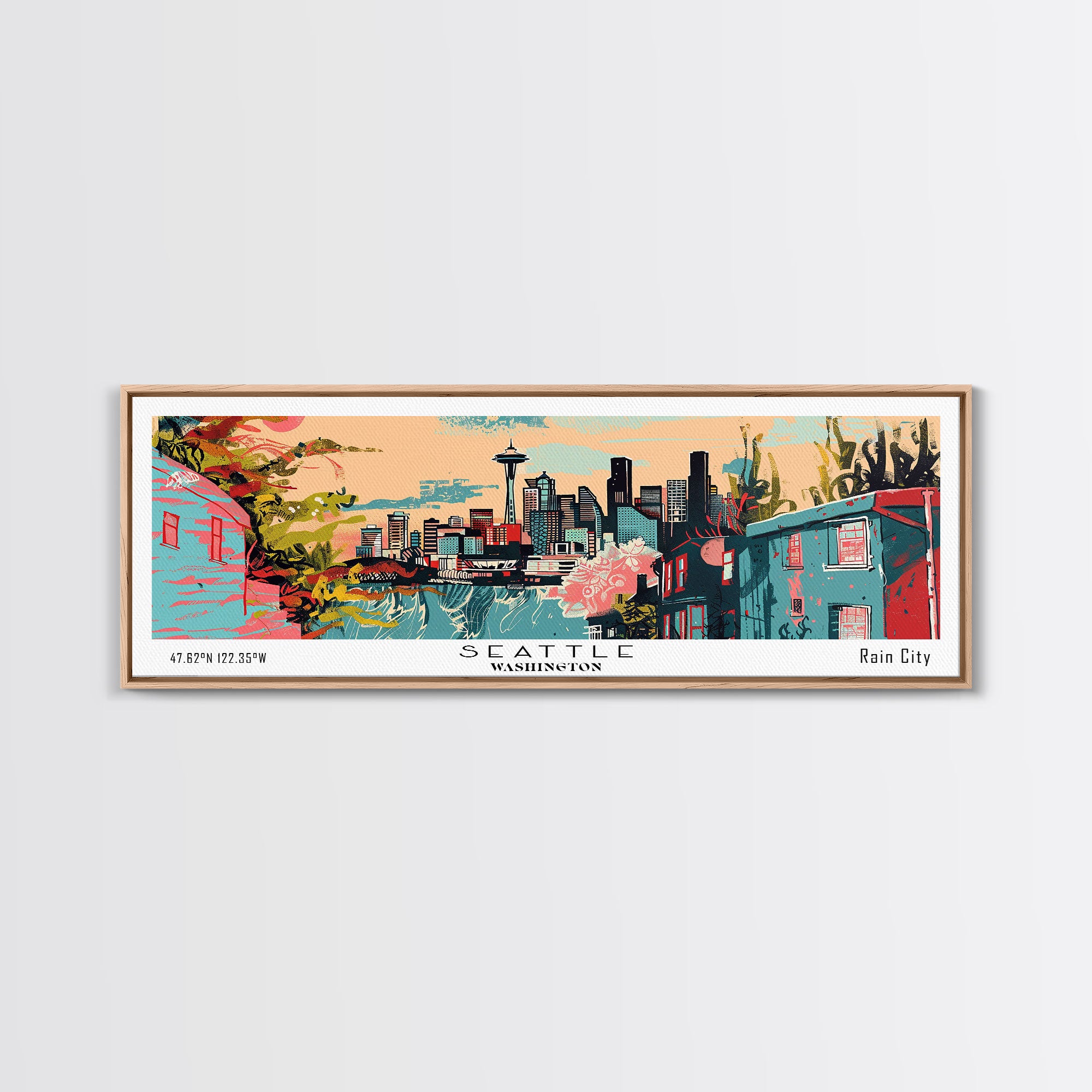 Seattle Washington Panoramic Art, Mid Century Modern Framed Canvas Pri ...