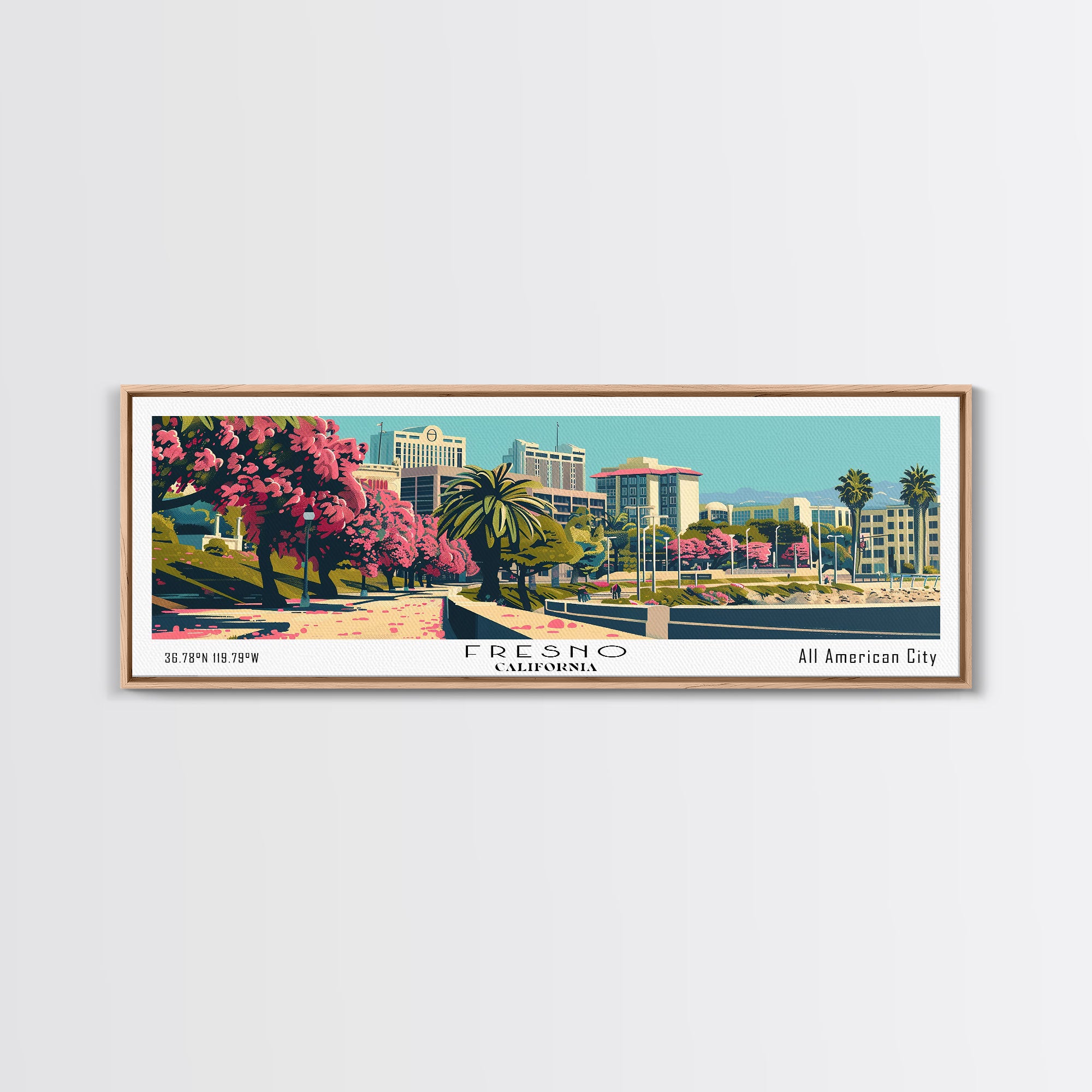 Fresno California Panoramic Painting, Framed Canvas Print, Mid Century ...