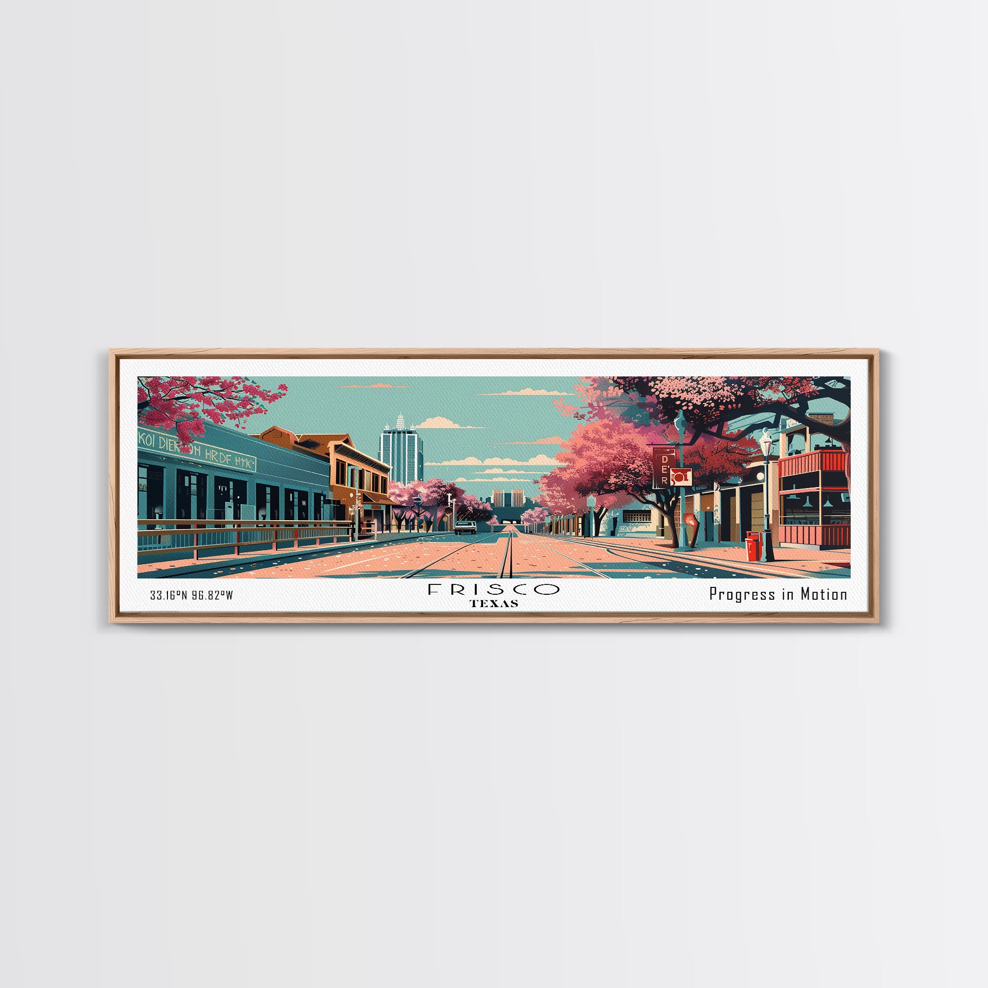 Frisco Texas Panoramic Painting, Framed Canvas Print, Mid Century Mode ...