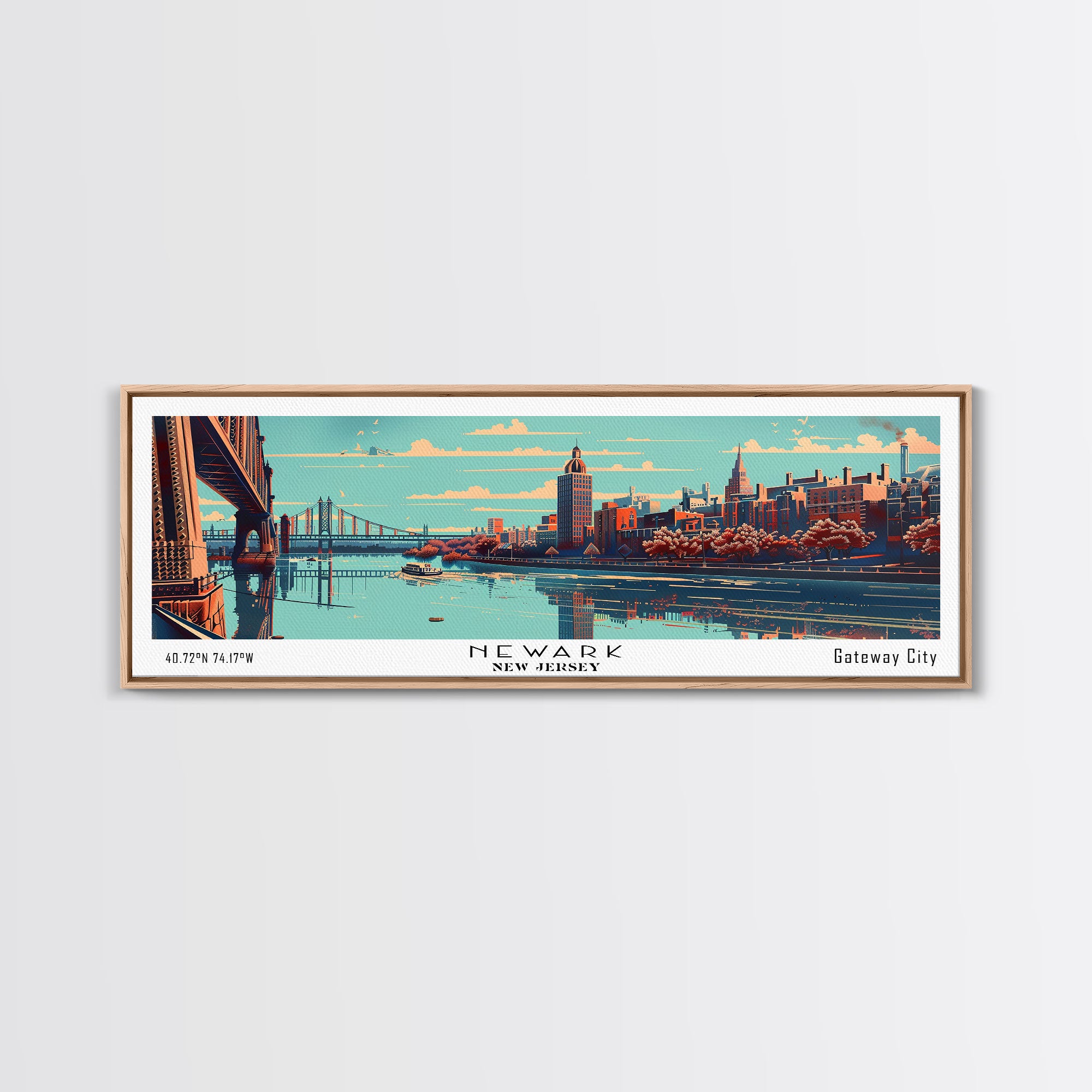 Newark New Jersey Panoramic Wall Art, Mid Century Modern Framed Canvas ...