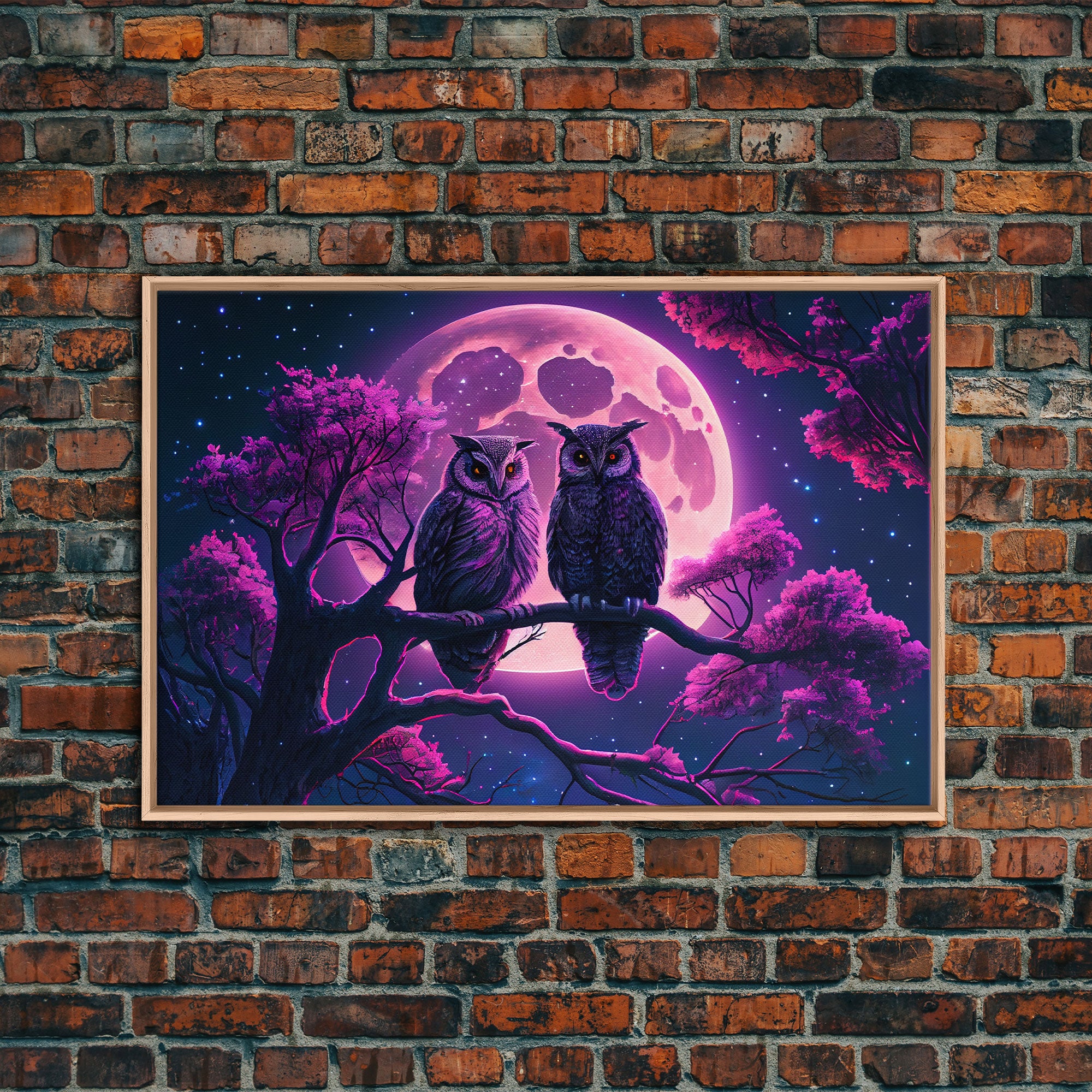 Owls at midnight, full moon and starry night sky, framed canvas print ...