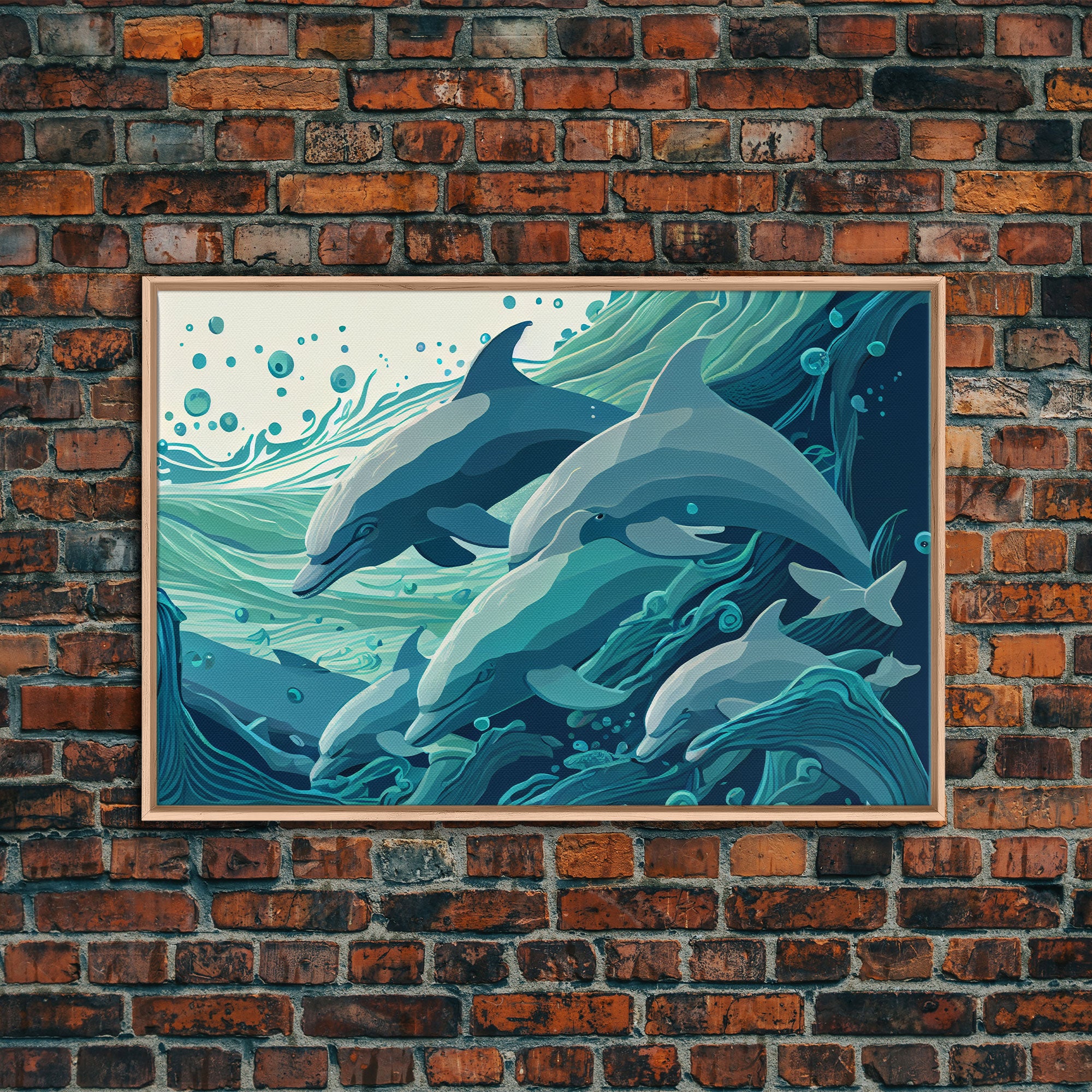 Dolphins in the Ocean, Turquoise dolphin art, framed canvas print, wal ...
