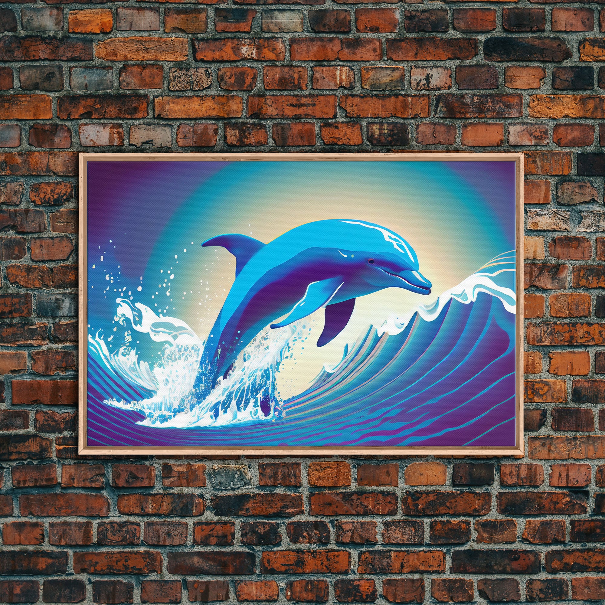 Dolphin riding a wave, cute animal prints, vaporwave animal art, frame ...