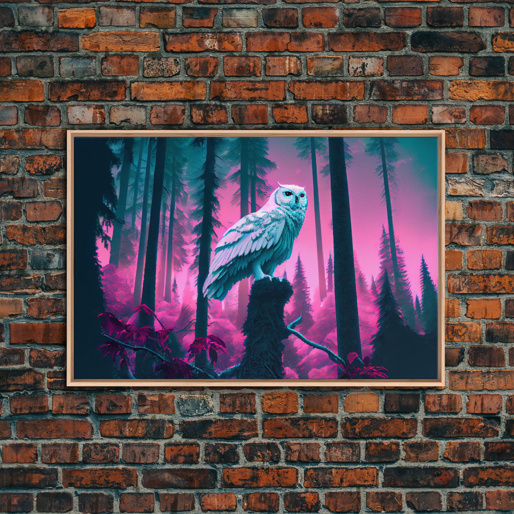 White owl in synthwave forest, vaporwave style animal print art, frame ...