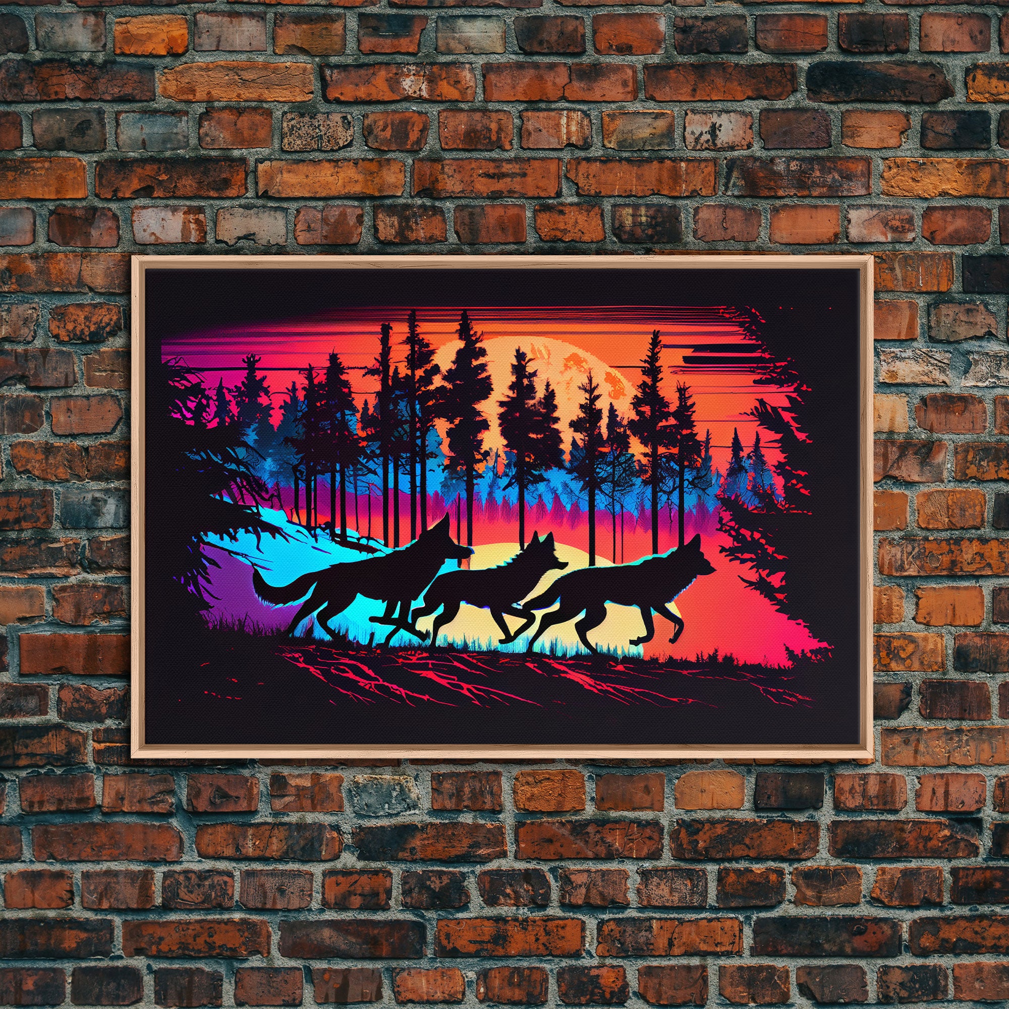 Wolves on the hunt at sunset, synthwave animal art, framed canvas prin ...