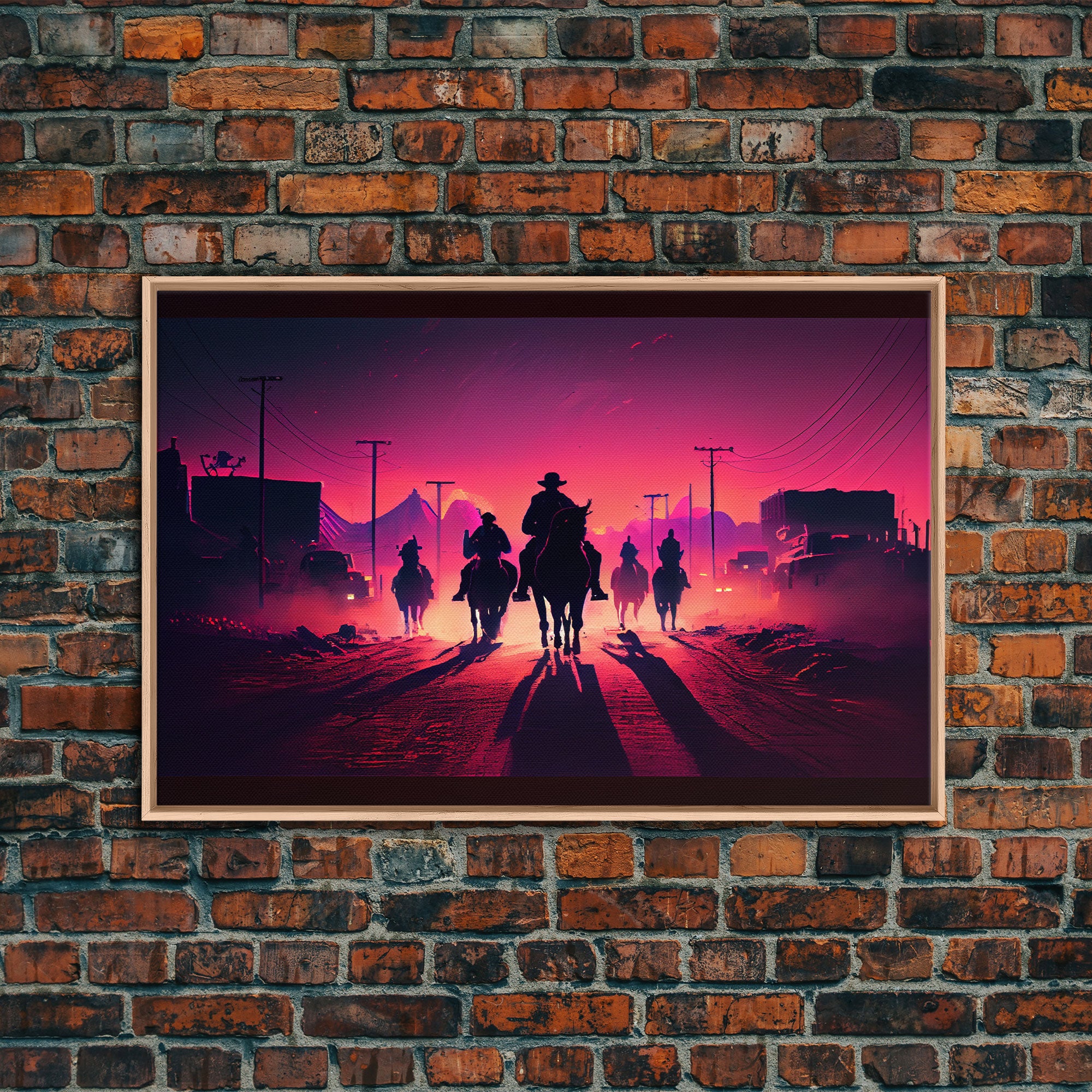 Retro Synthwave Style Post-Apocalyptic Cowboys, framed canvas print, r ...