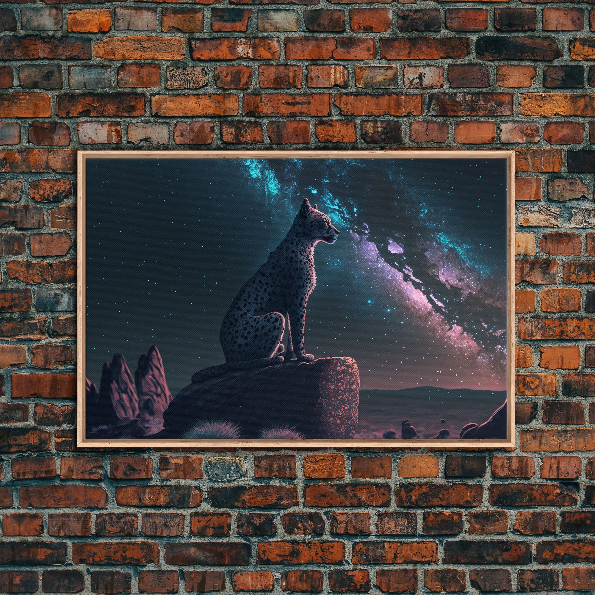Cheetah overlooking the valley, synthwave retro style animal prints, f ...