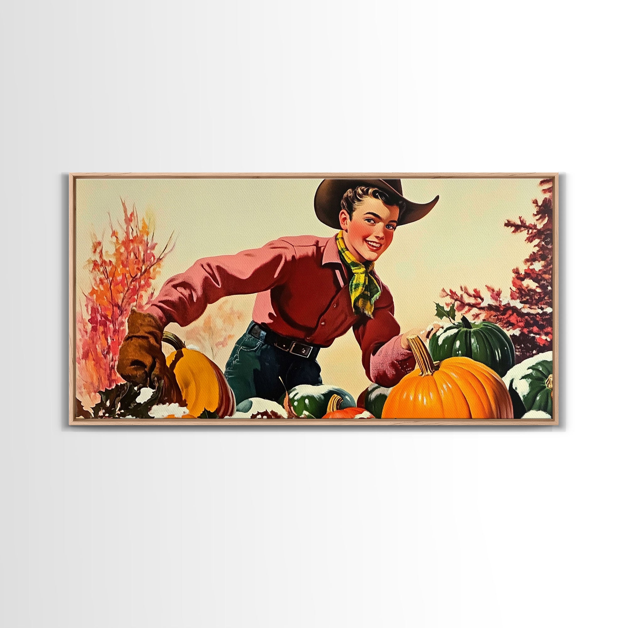 Autumn Cowboy with Pumpkins Framed Canvas Print, Vintage Fall Decor, G ...