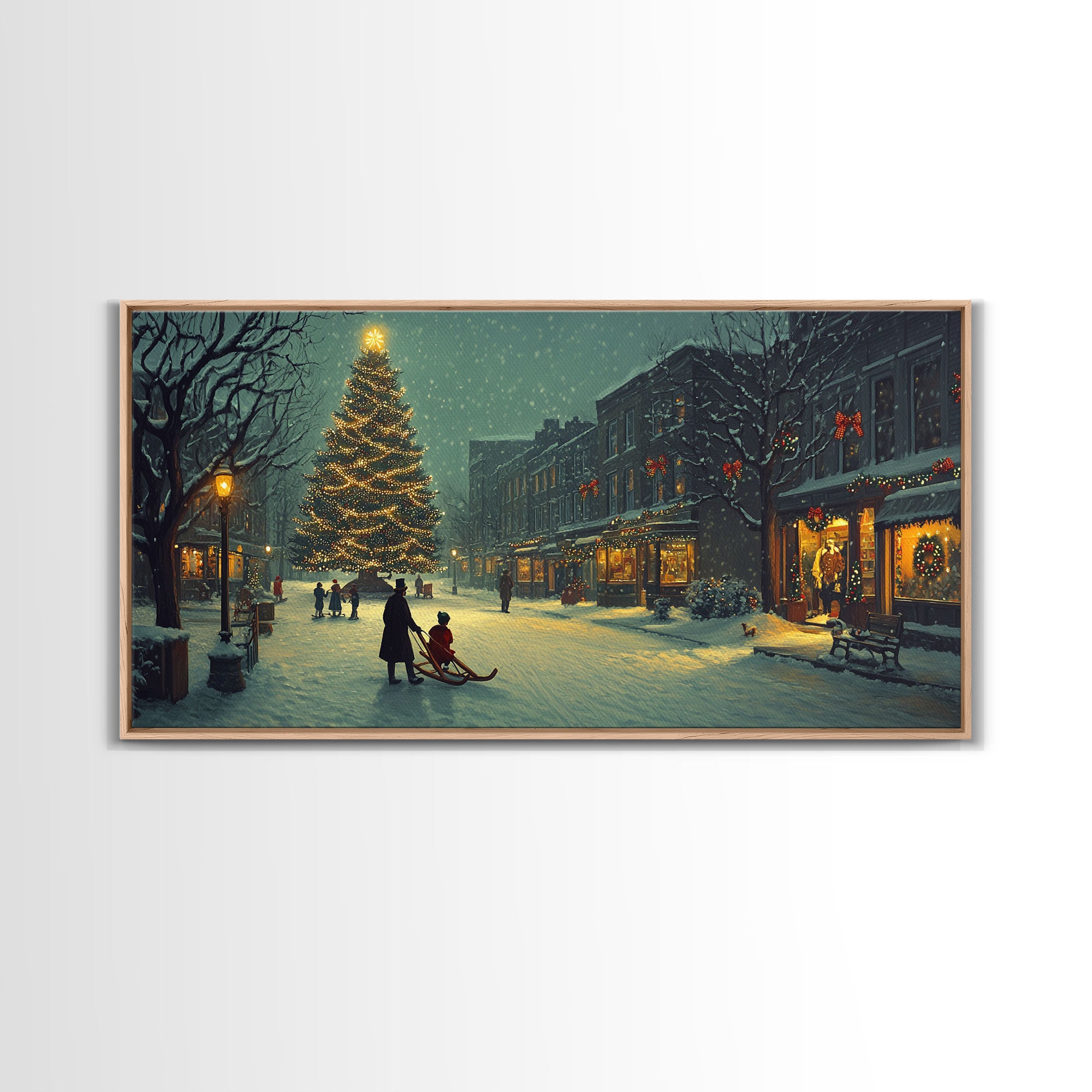 Christmas Village Tree Lighting Framed Canvas Print, Nostalgic Winter ...