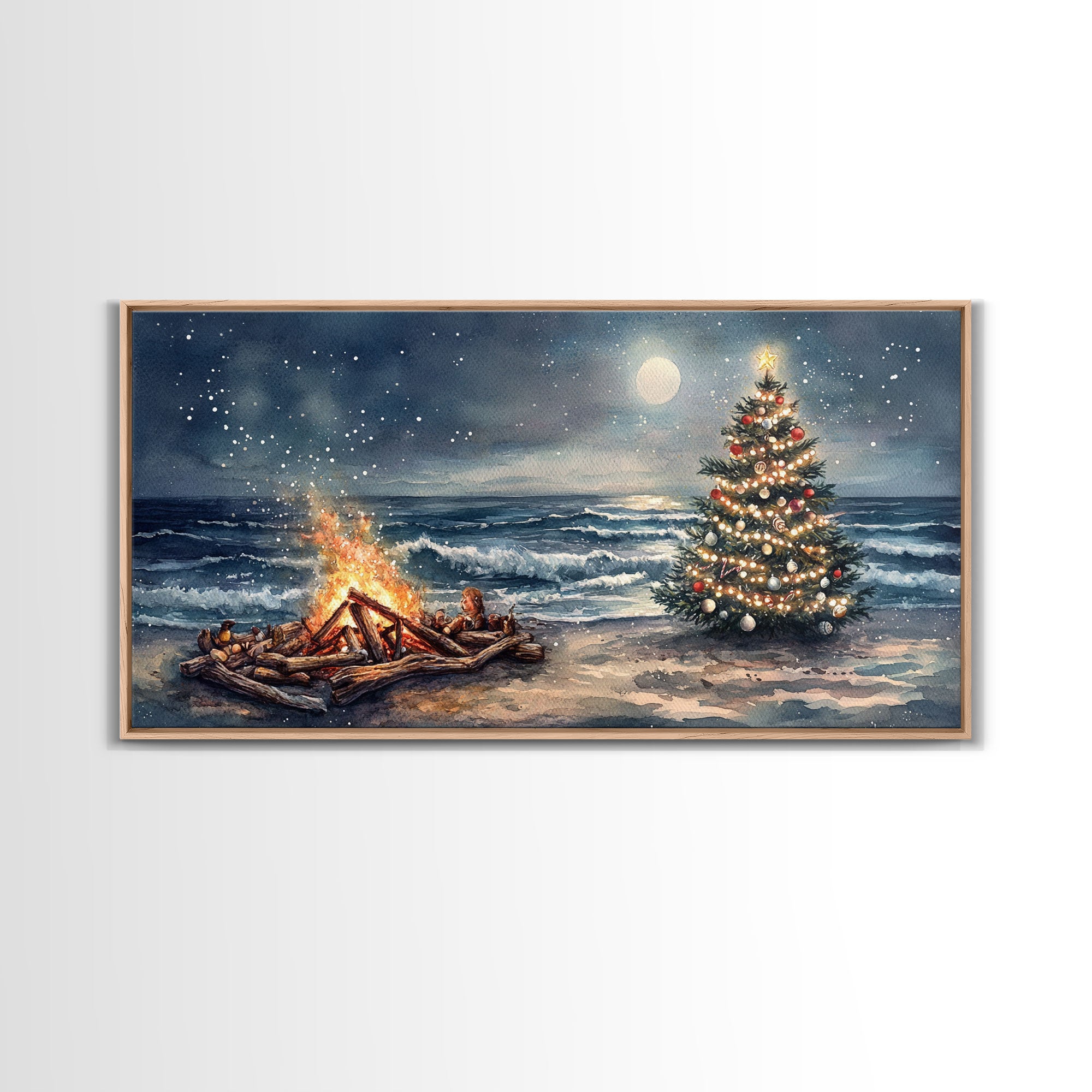 Cozy Bonfire On Beach With Christmas Tree Framed Canvas Print, Nightti ...