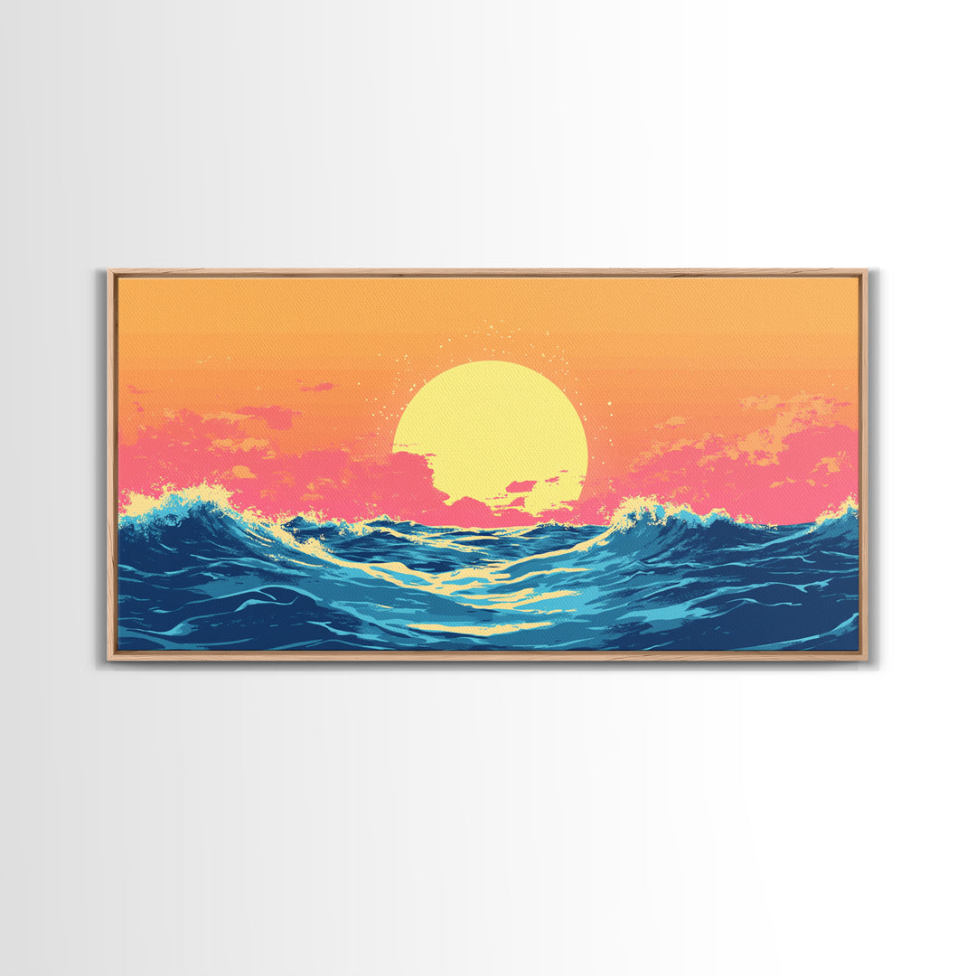 Vaporwave Sunset Over Ocean Waves Framed Canvas Print, Retro Vibes Wal ...