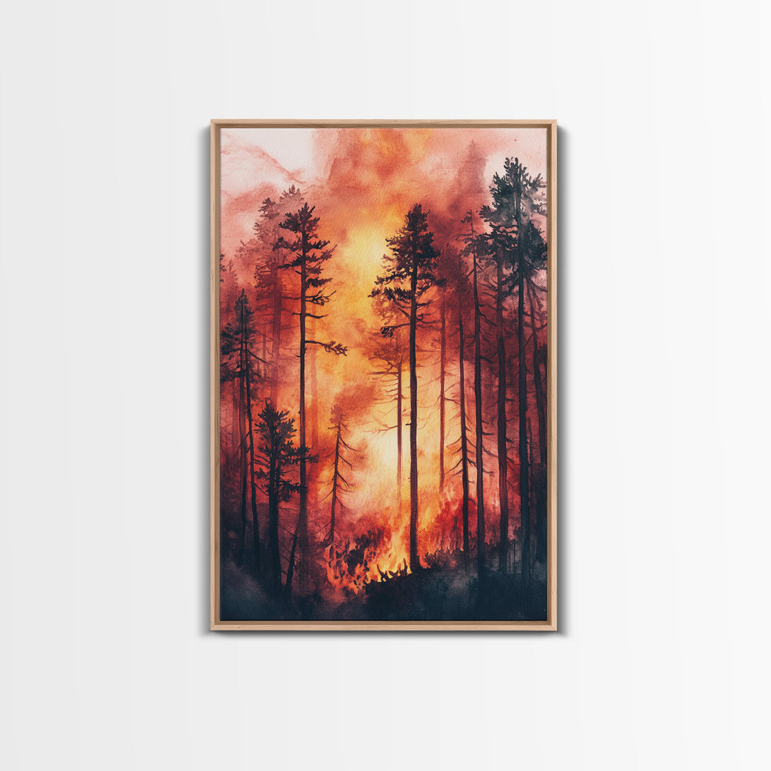 Ready to Hang Watercolor Painting Print of a Forest Fire, Beautiful Wa ...