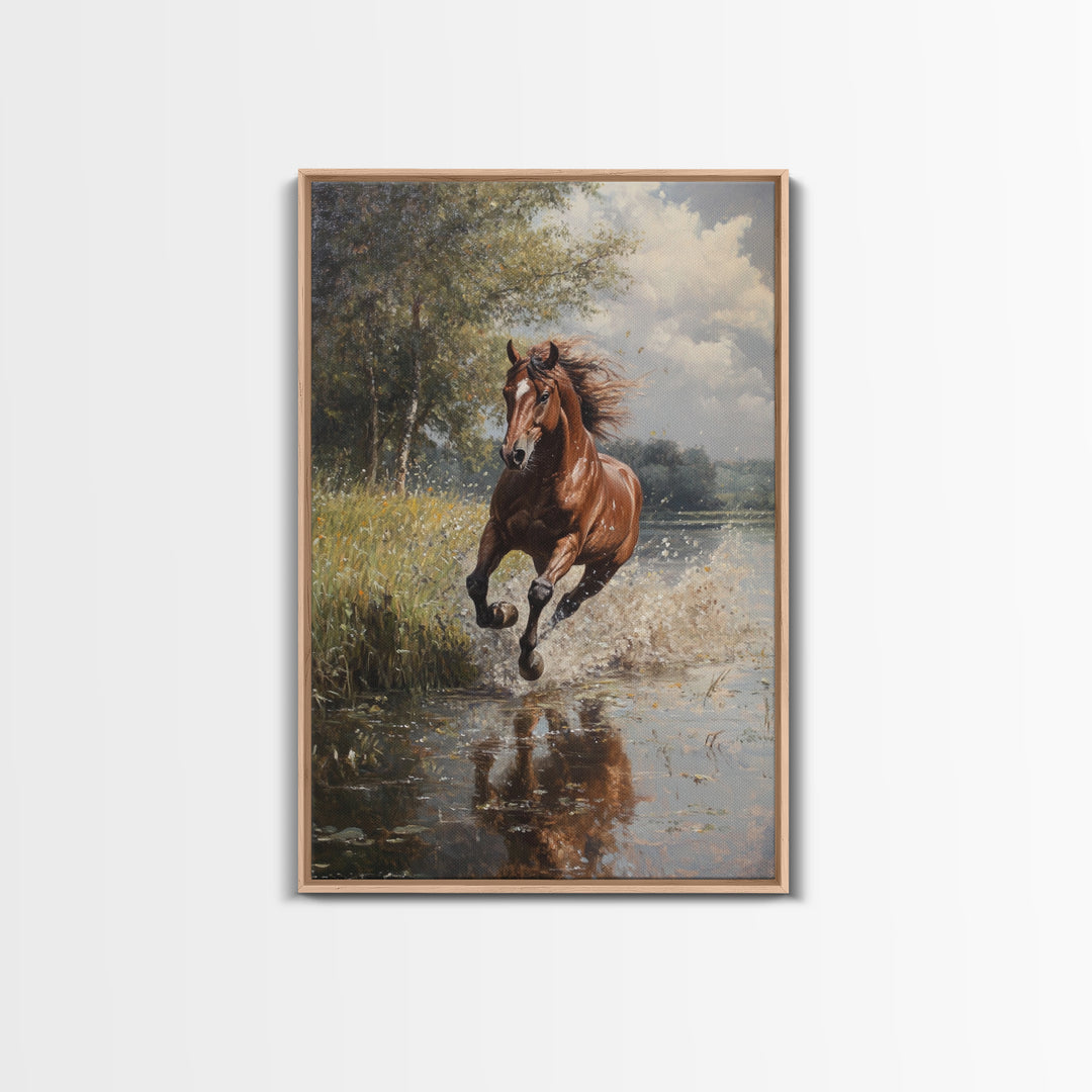 Splashed Stallion Crossing Water Framed Canvas Print Vintage Horse Art ...