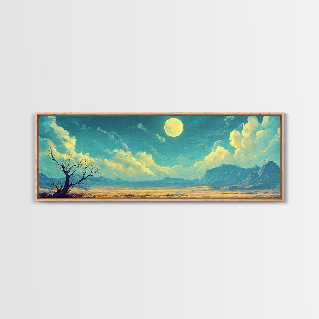 Moonlit Desert Nightscape, Mystical Blue and Gold Landscape Art, Dream ...