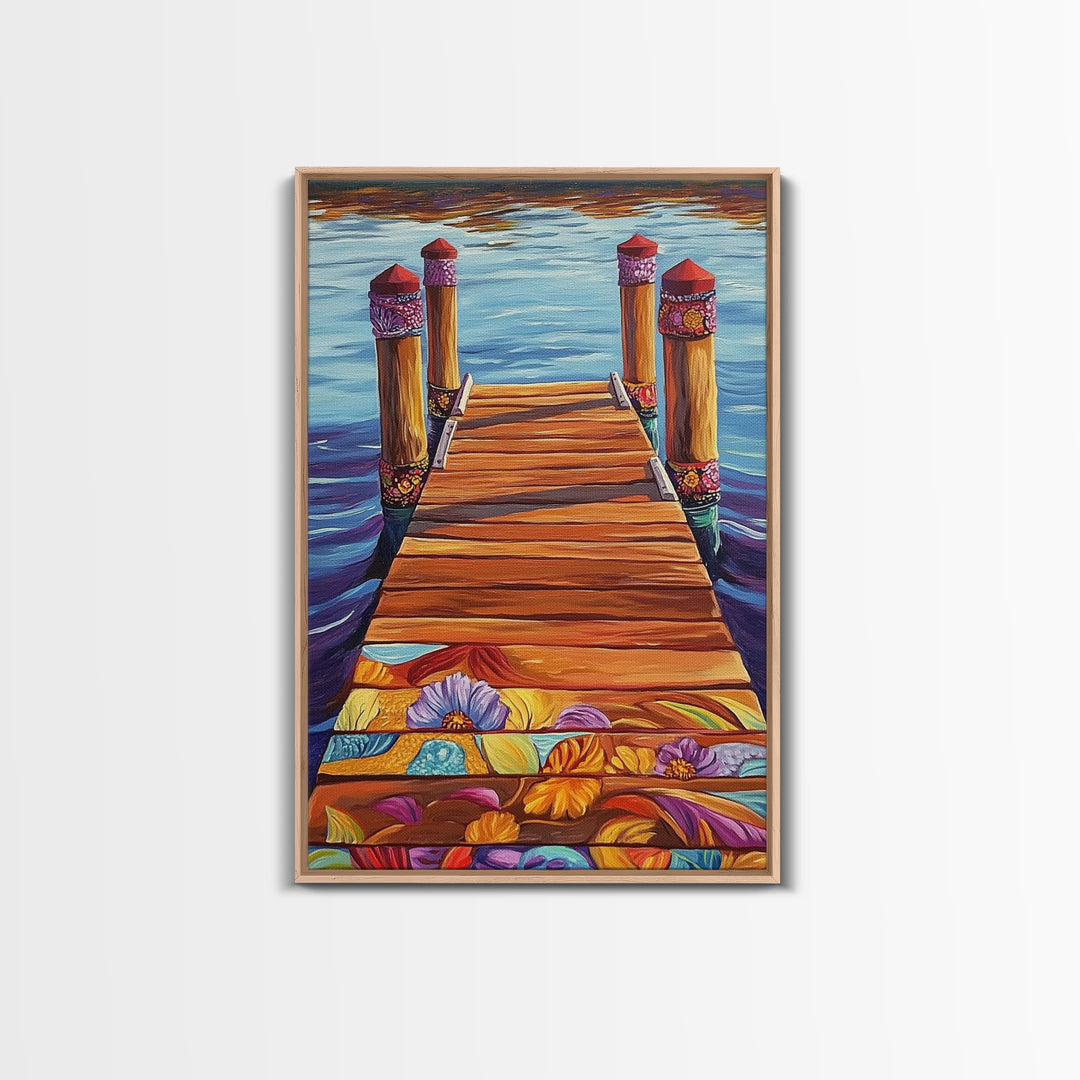 Painted Dock Scene, Vibrant Water Art, Lake House Decor, Canvas Print ...