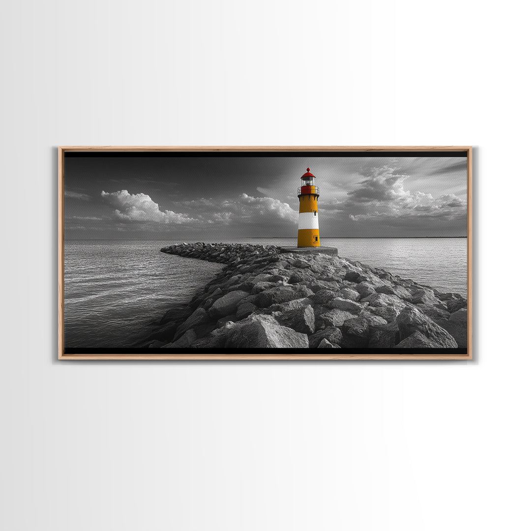 Yellow Lighthouse, Stone Jetty, Coastal Clouds, Nautical Scene, Framed ...