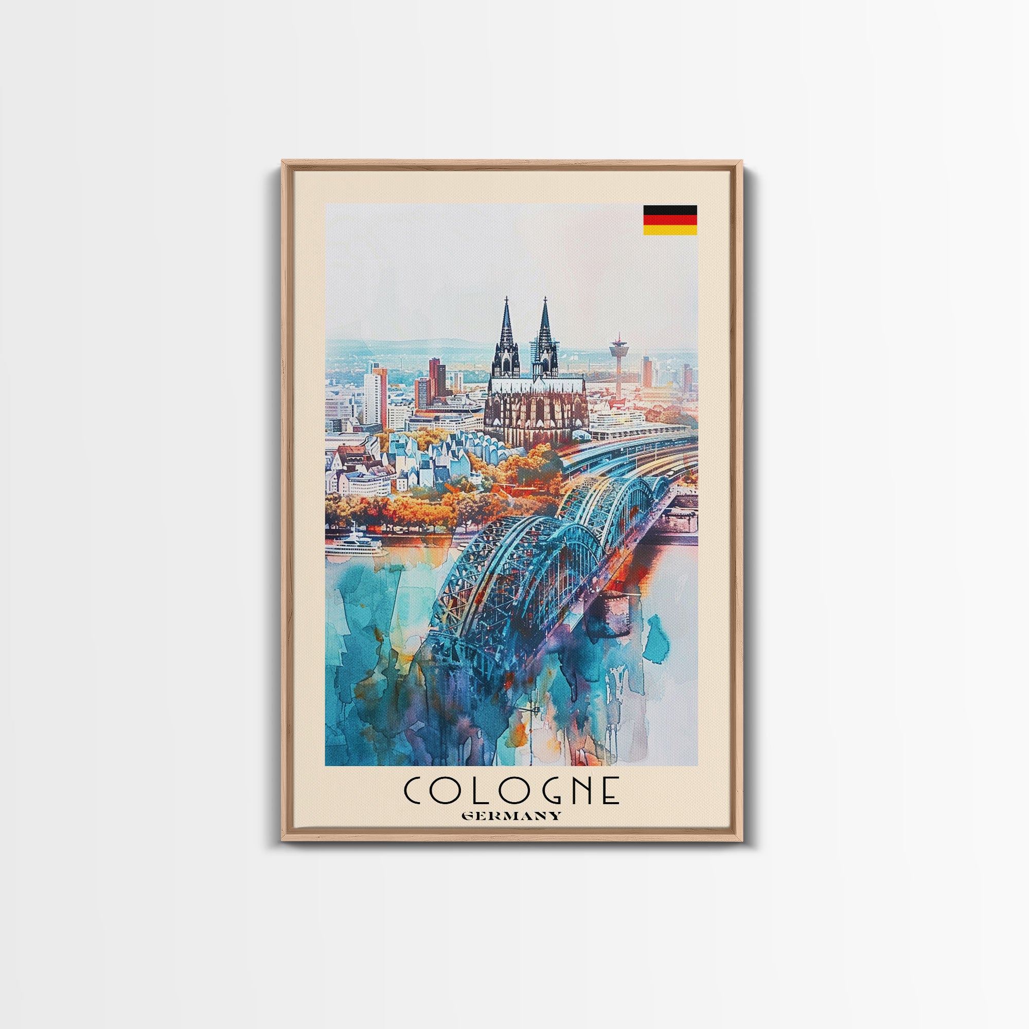 Cologne Germany Watercolor Travel Poster, Wood Framed Canvas Print, Bo ...