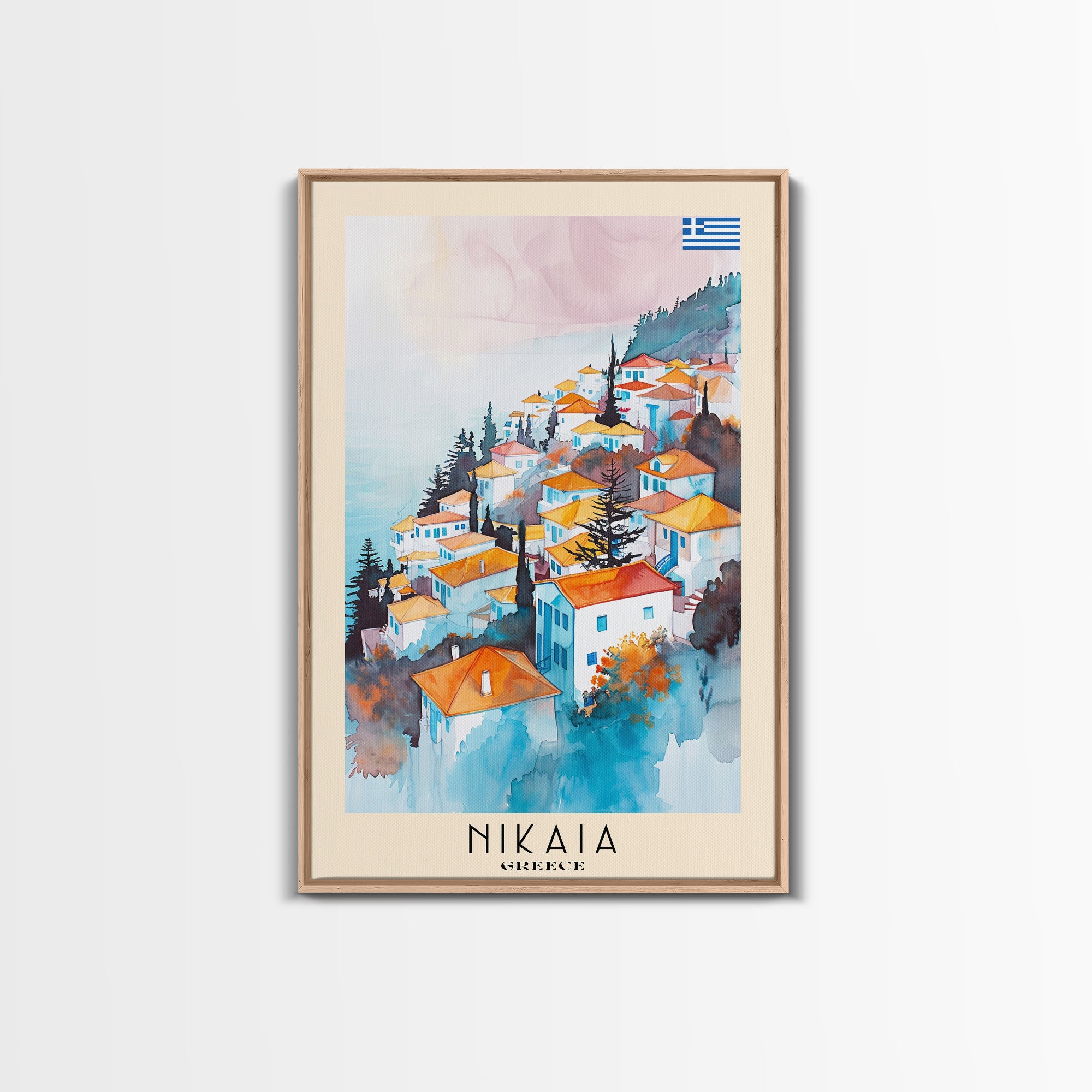 Nikaia Greece Framed Canvas Print, Boho Travel Poster, Watercolor Pain ...