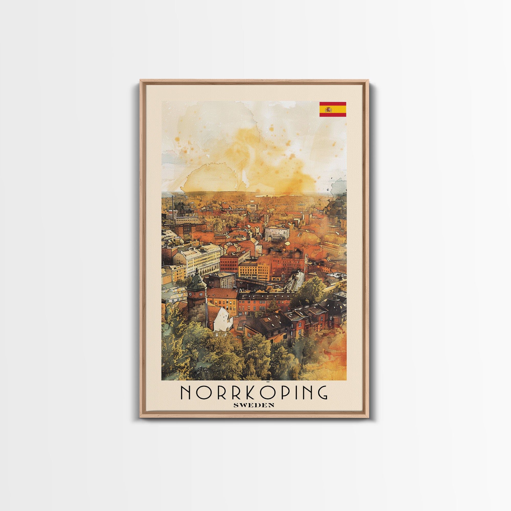 Norrkoping Sweden Framed Canvas Print, Scenic Travel Poster, Watercolo ...