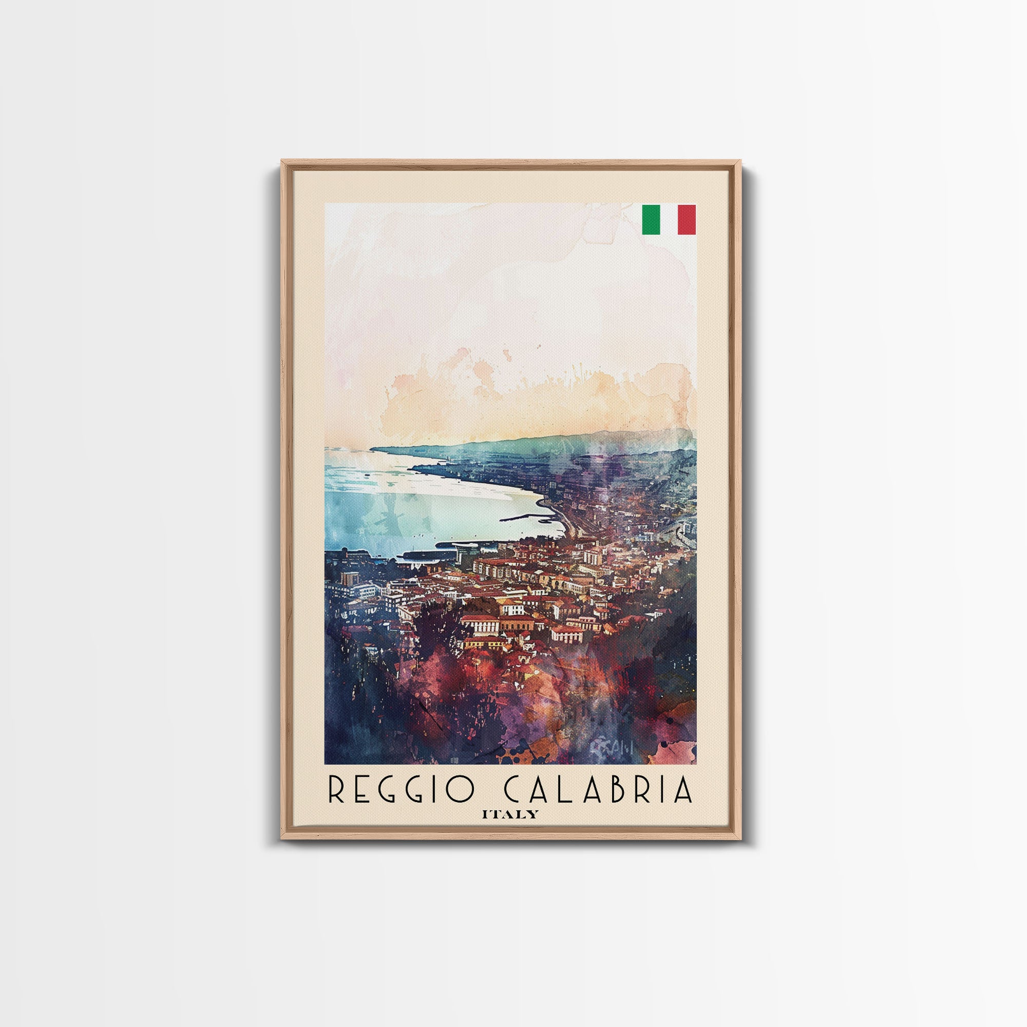 Reggio Calabria Italy Travel Poster Framed Canvas Print, Watercolor Pa ...