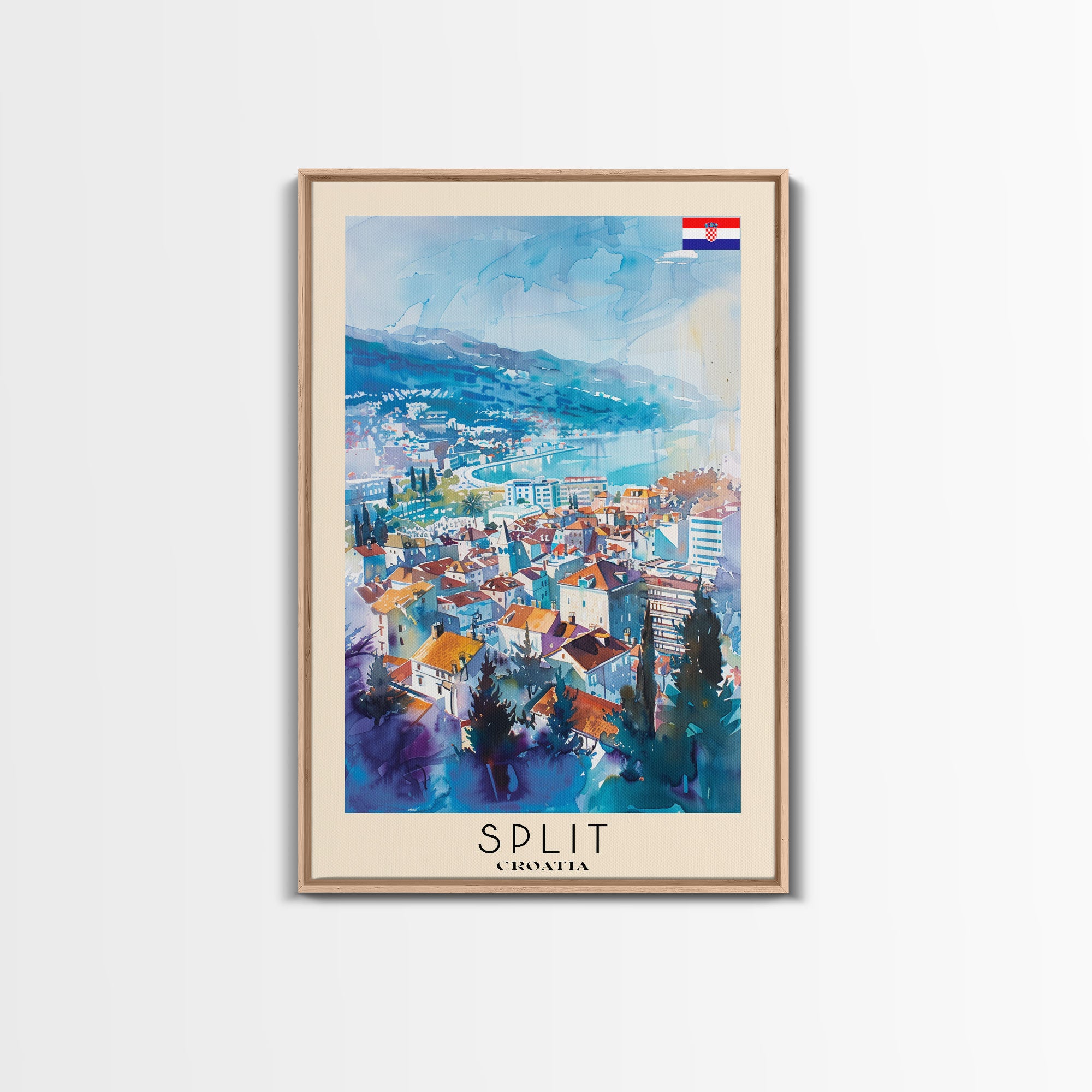 Split Croatia Travel Poster Framed Canvas Print, Watercolor Painting ...