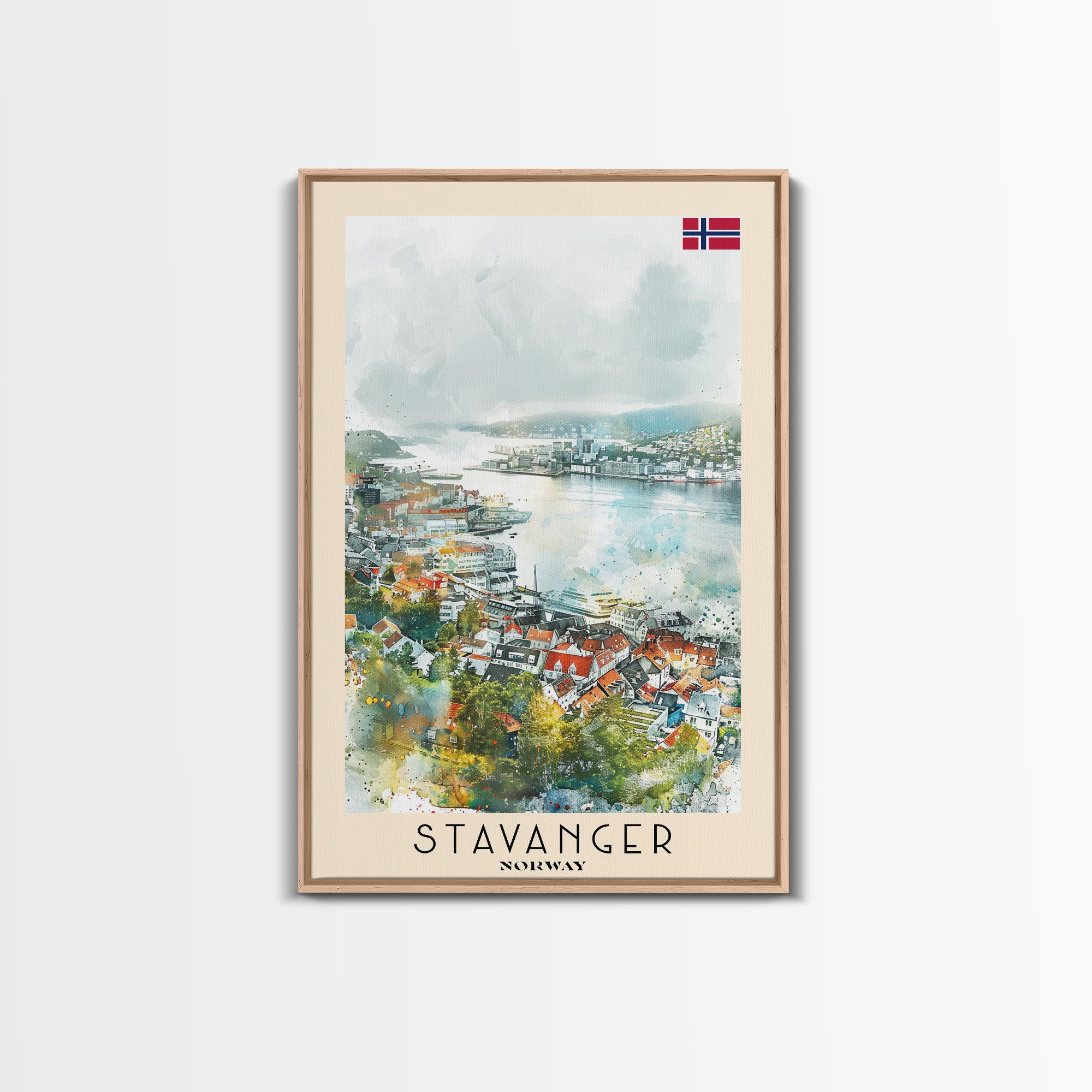 Stavanger Norway Travel Poster Framed Canvas Print, Watercolor Paintin ...