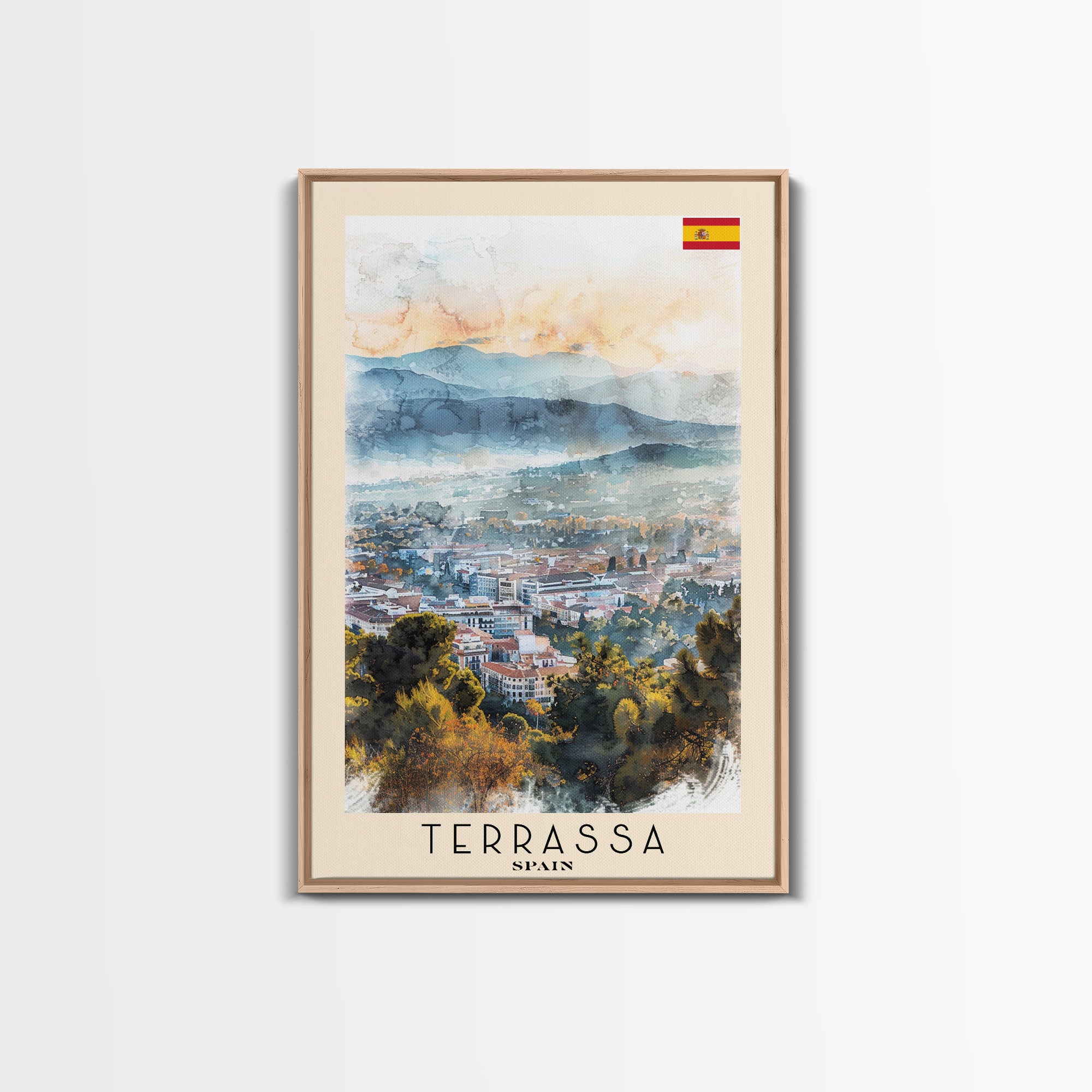 Terrassa Spain Travel Poster Framed Canvas Print, Watercolor Painting ...