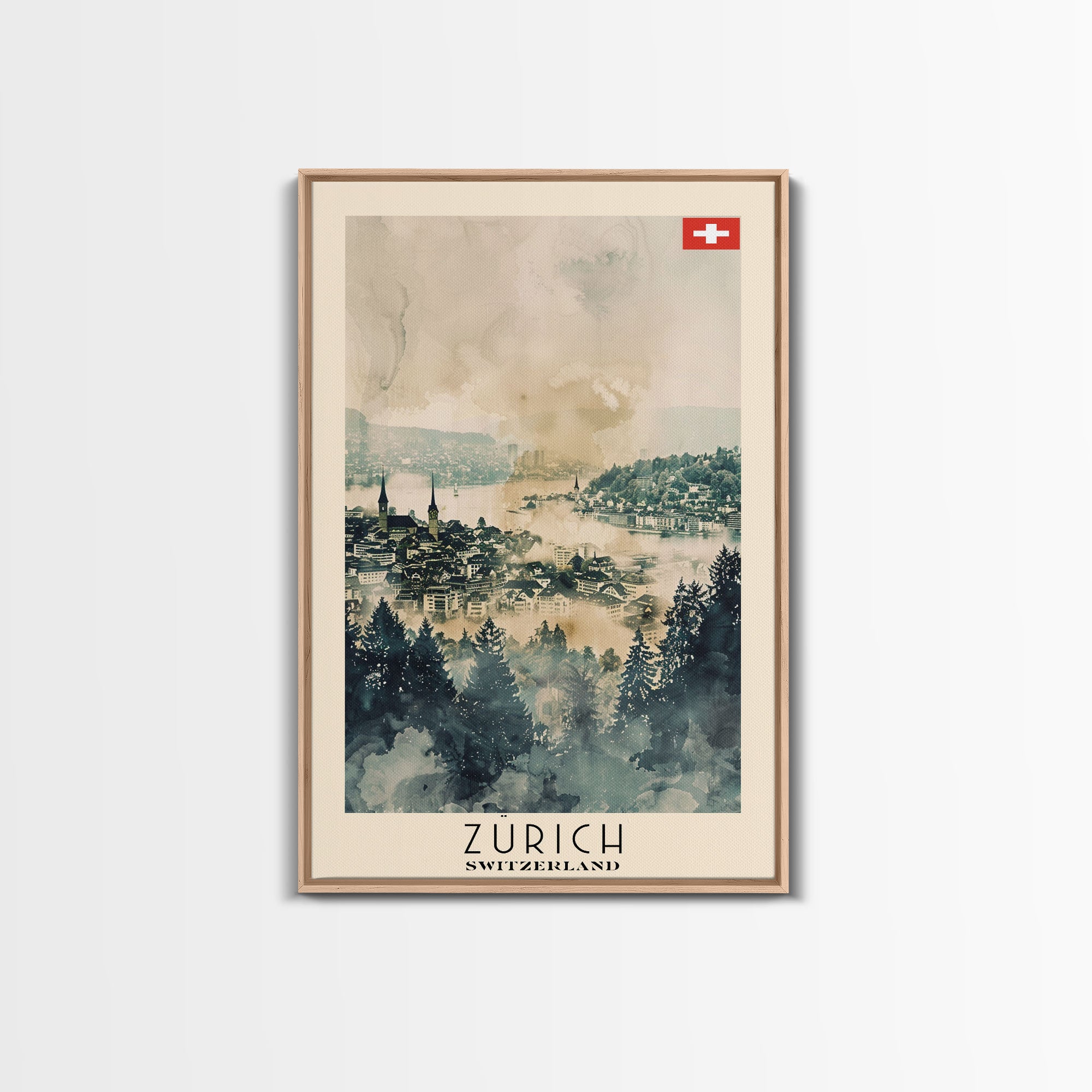 Zurich Switzerland Travel Poster Framed Canvas Print, Watercolor Paint ...
