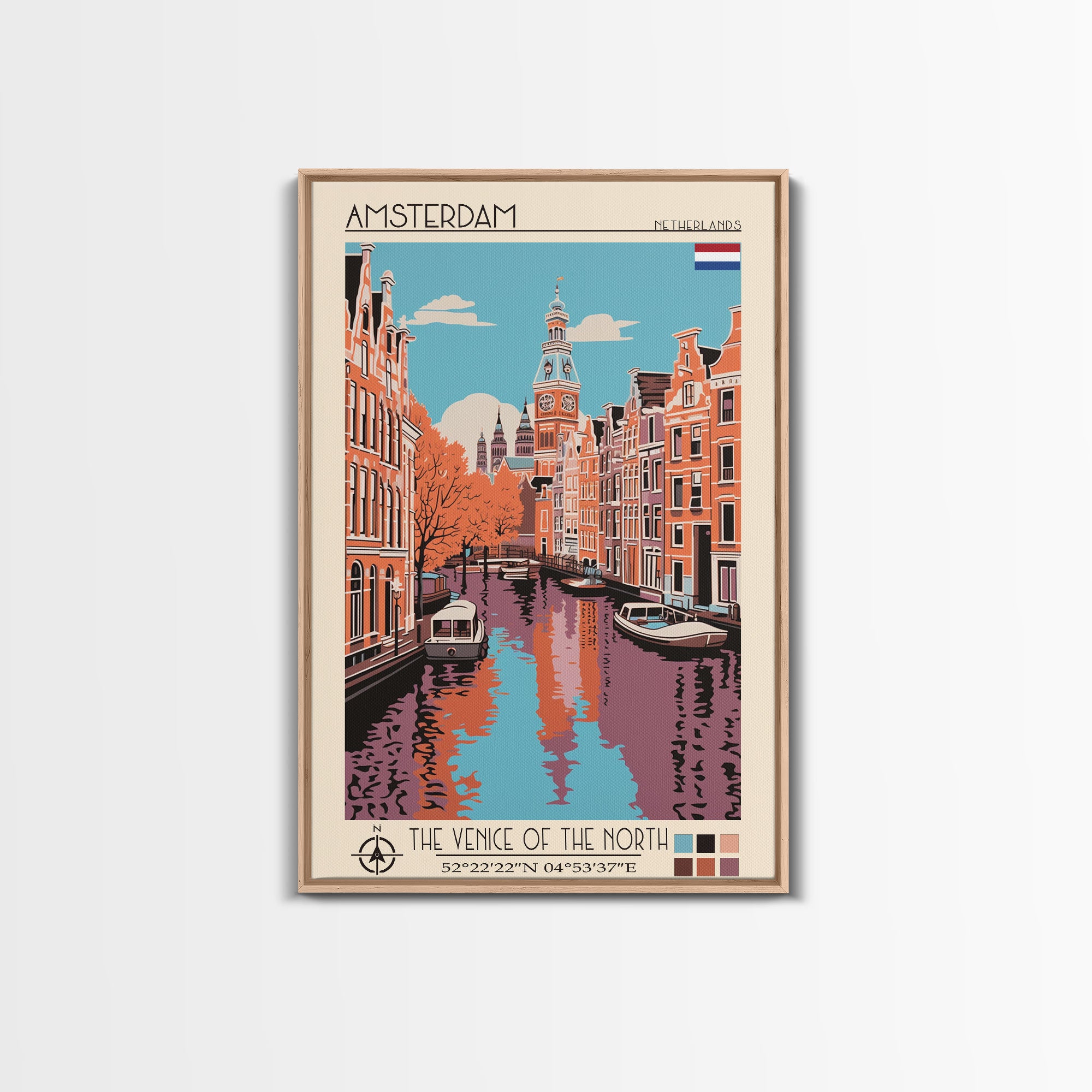 Amsterdam Netherlands Travel Poster Framed Canvas Print, Midcentury Mo ...