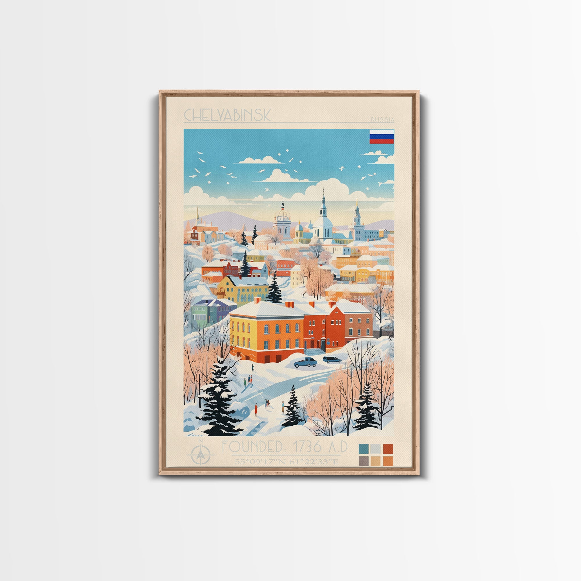 Chelyabinsk Russia Travel Poster Framed Canvas Print, Midcentury Moder ...