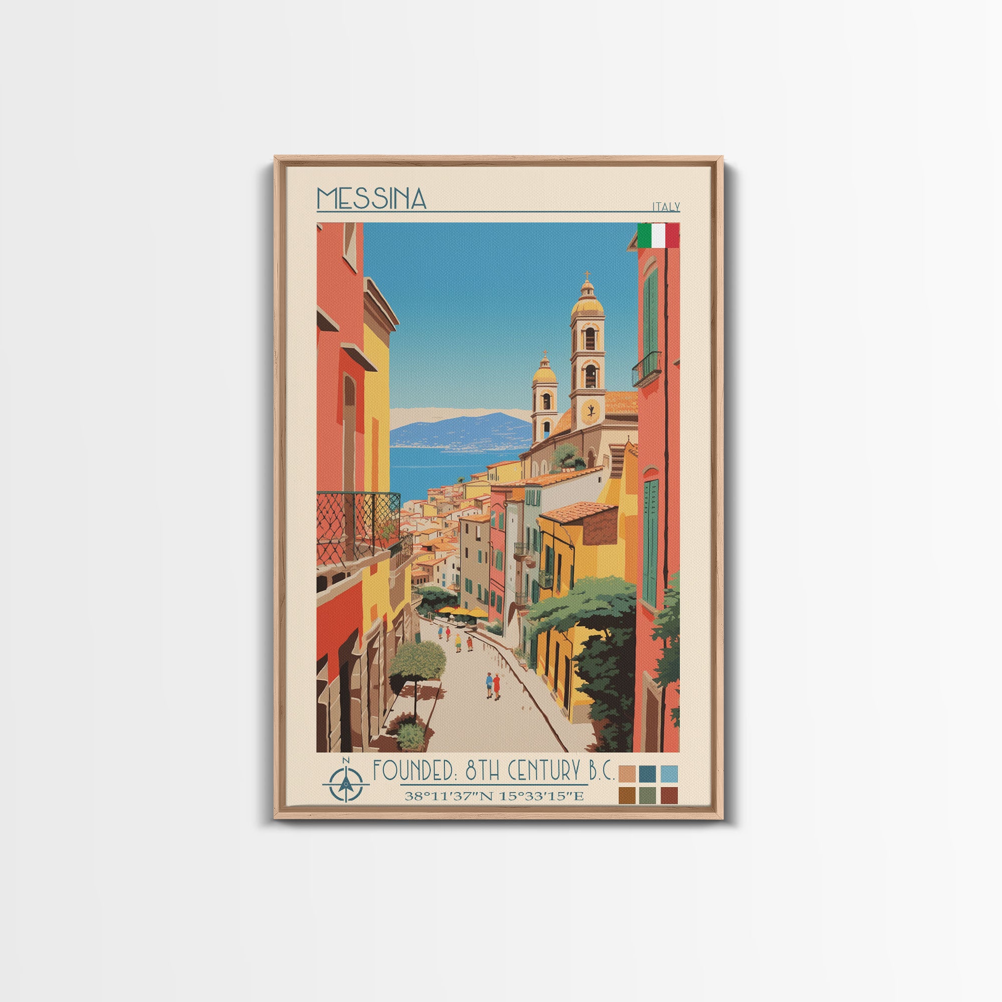 Messina Italy Travel Poster Framed Canvas Print, Midcentury Modern Art ...