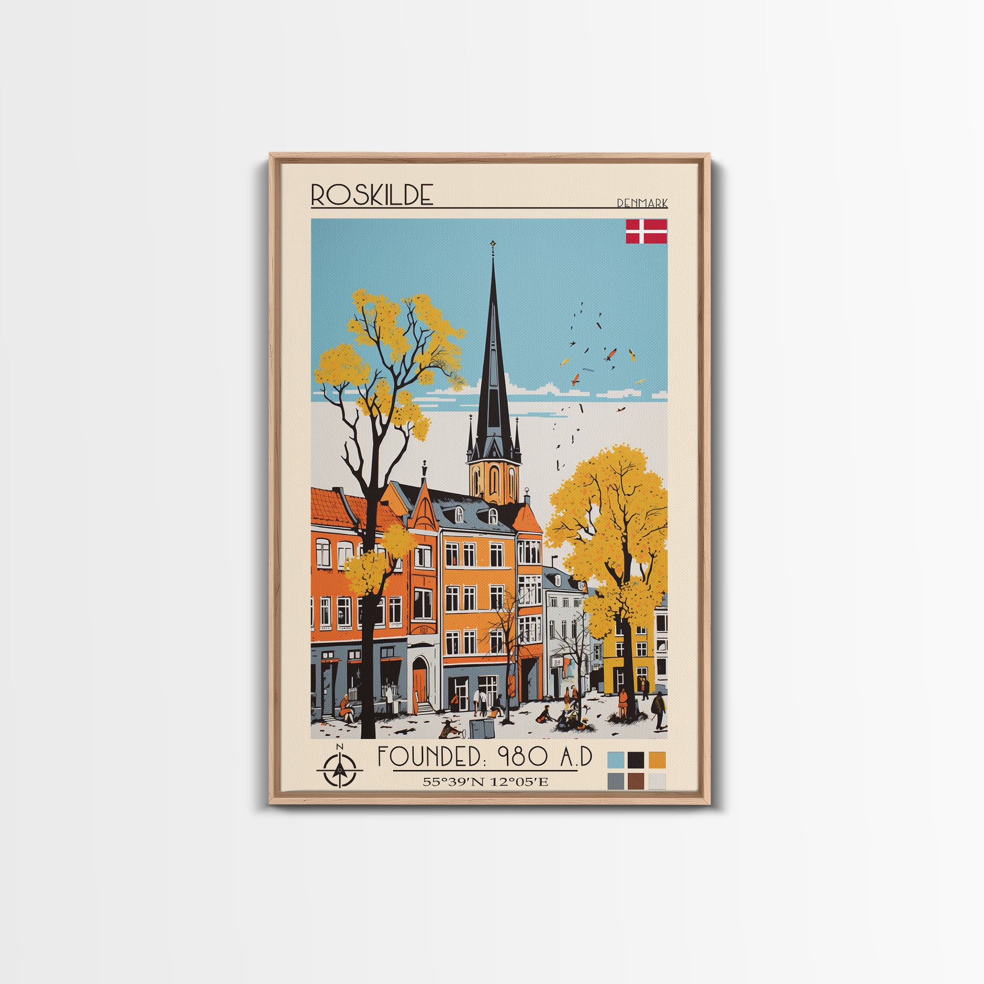 Roskilde Denmark Travel Poster Framed Canvas Print, Midcentury Modern ...