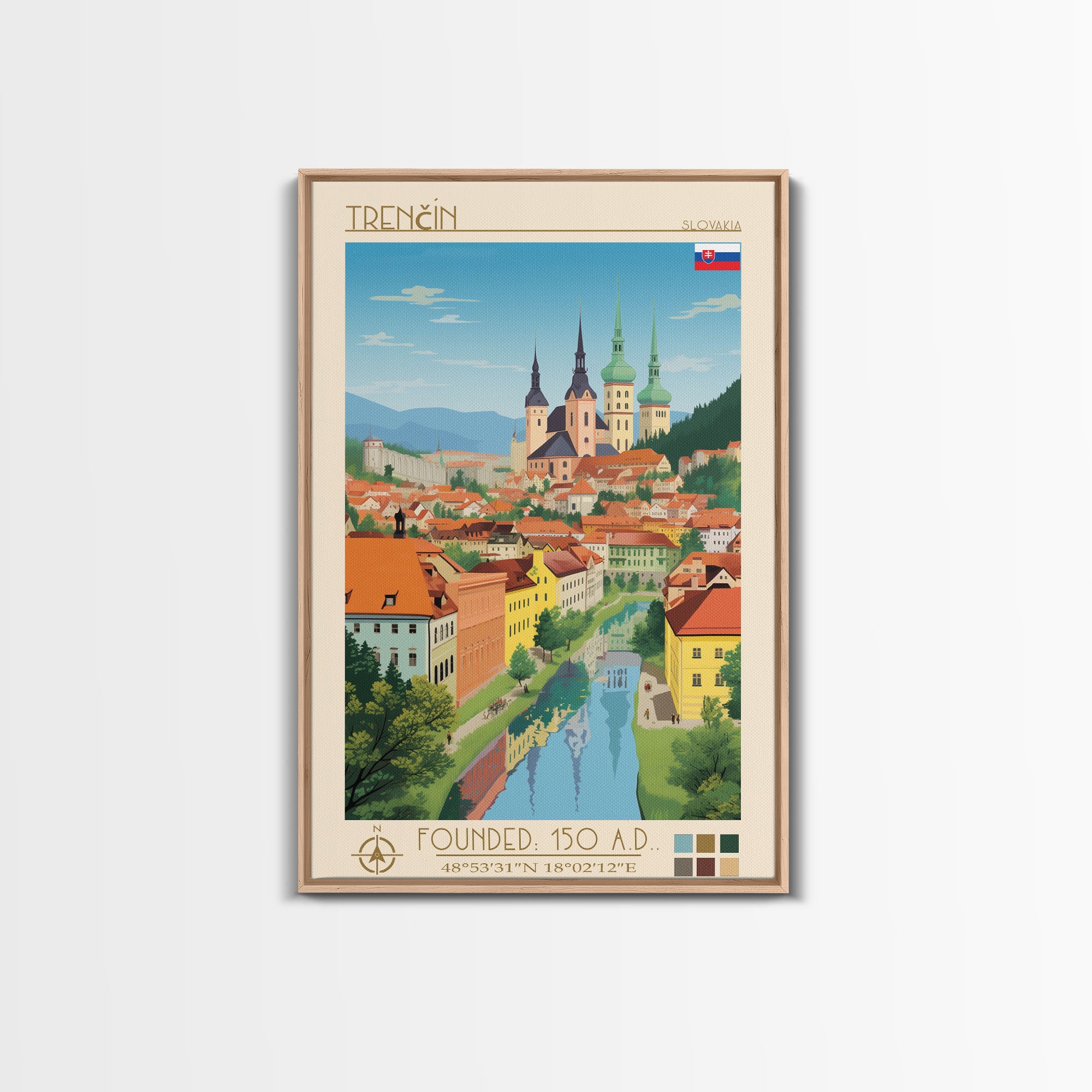 Trenčín Slovakia Travel Poster Framed Canvas Print, Midcentury Modern ...
