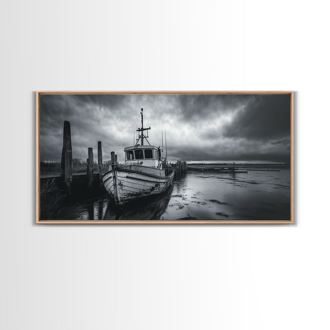 Fishing boat, nautical decor, coastal painting, rustic art, panoramic ...