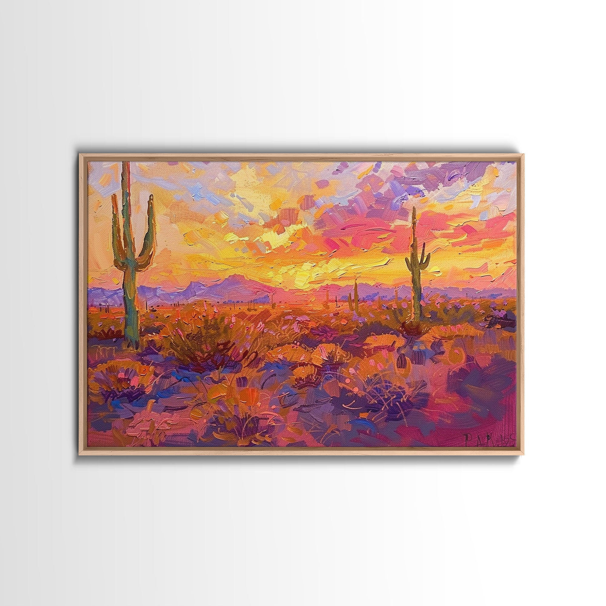 Desert Cactus Sunset Painting Framed Canvas Print, Western Decor, Sout ...
